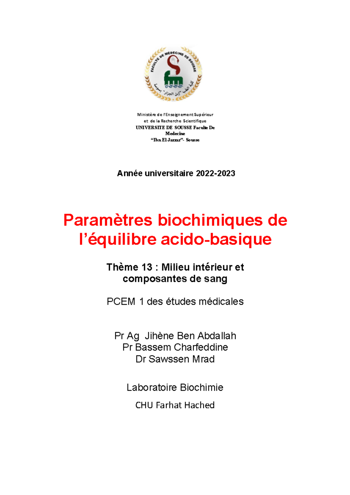 Paramètres biochimiques acido-basiques – PCEM 1 – Cours 2022-2023 - Studocu