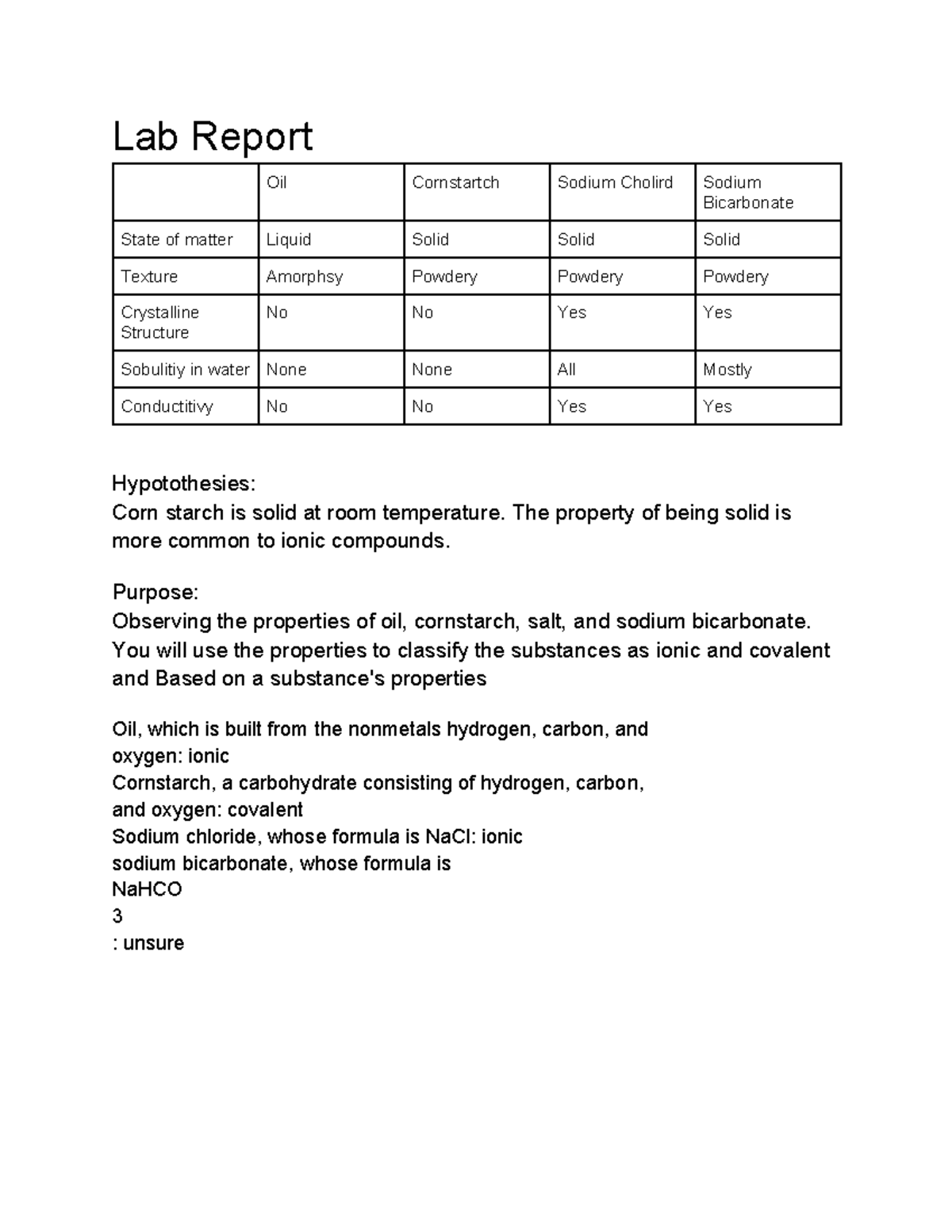 Lab Report on Physical Properties of Ionic and Covalent Compounds - Studocu