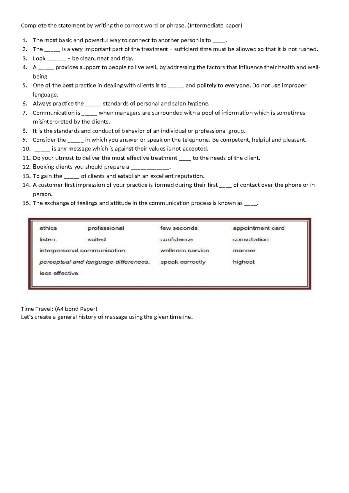 Wellness Massage Activity: Intermediate Paper (A4 Bond) - Studocu