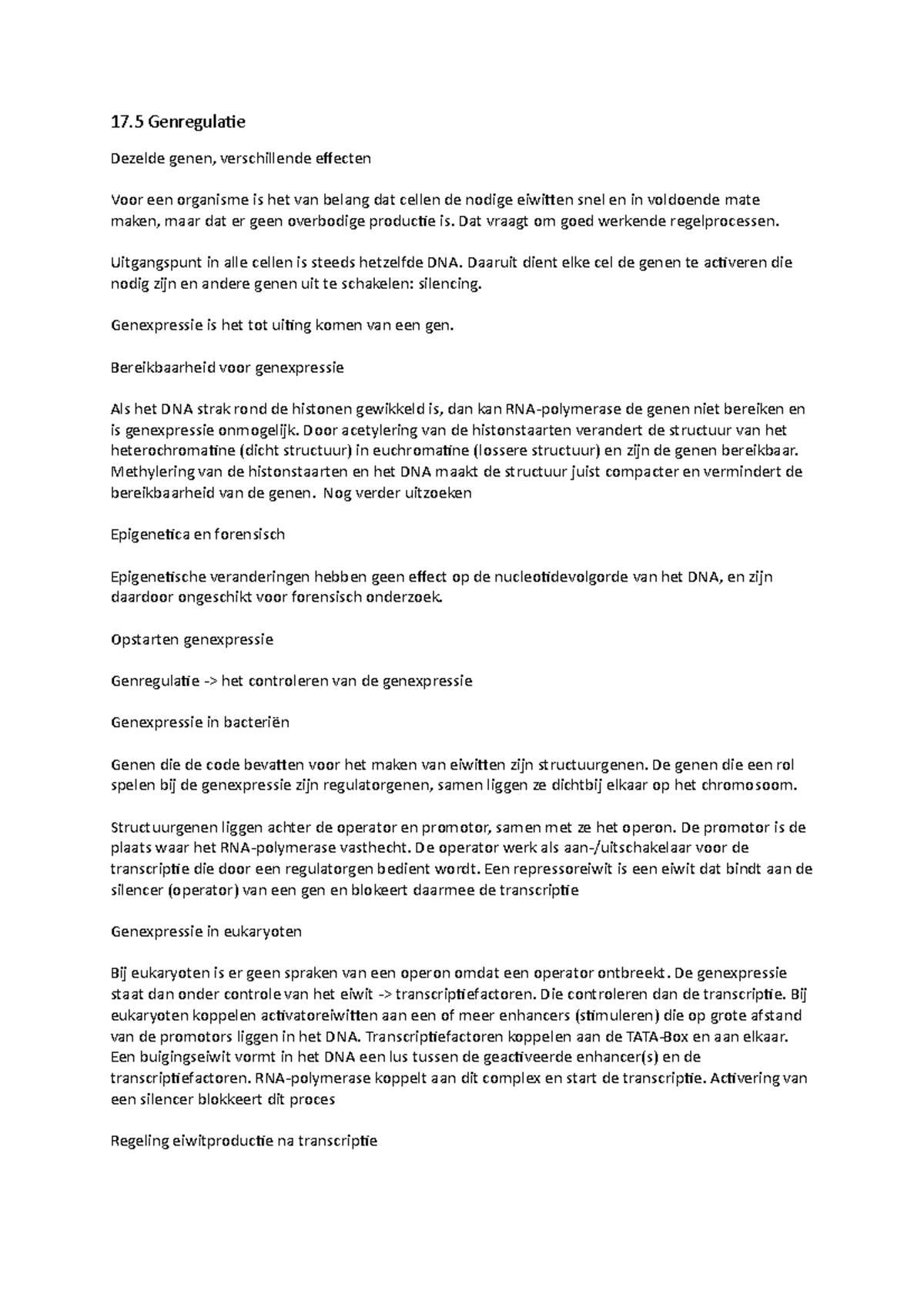 Biologie H17: Genregulatie en Genexpressie in Cellen - Studeersnel