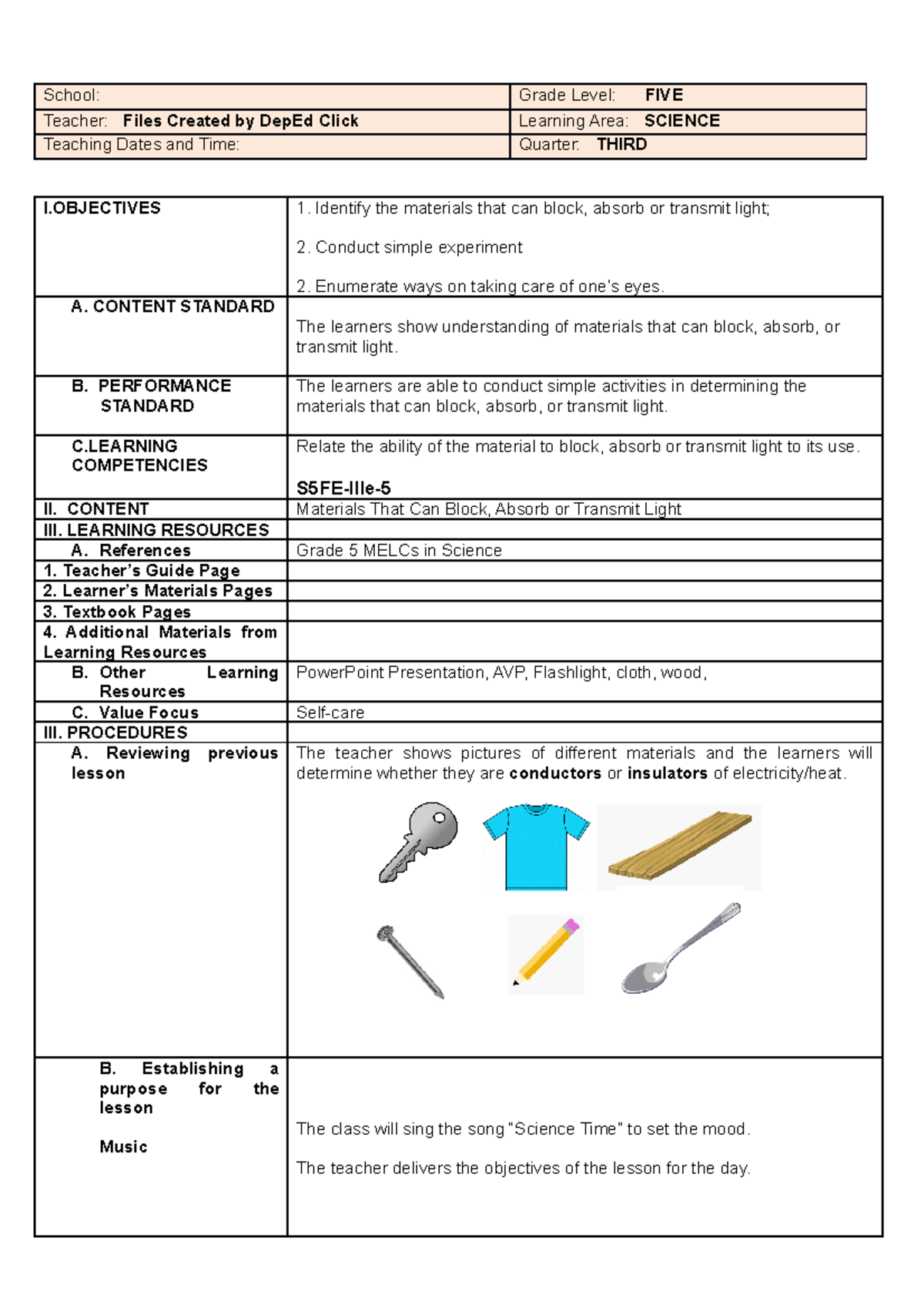 Lesson PLAN FOR CO 1 - for classroom observation - School: Grade Level: FIVE Teacher: Files ...