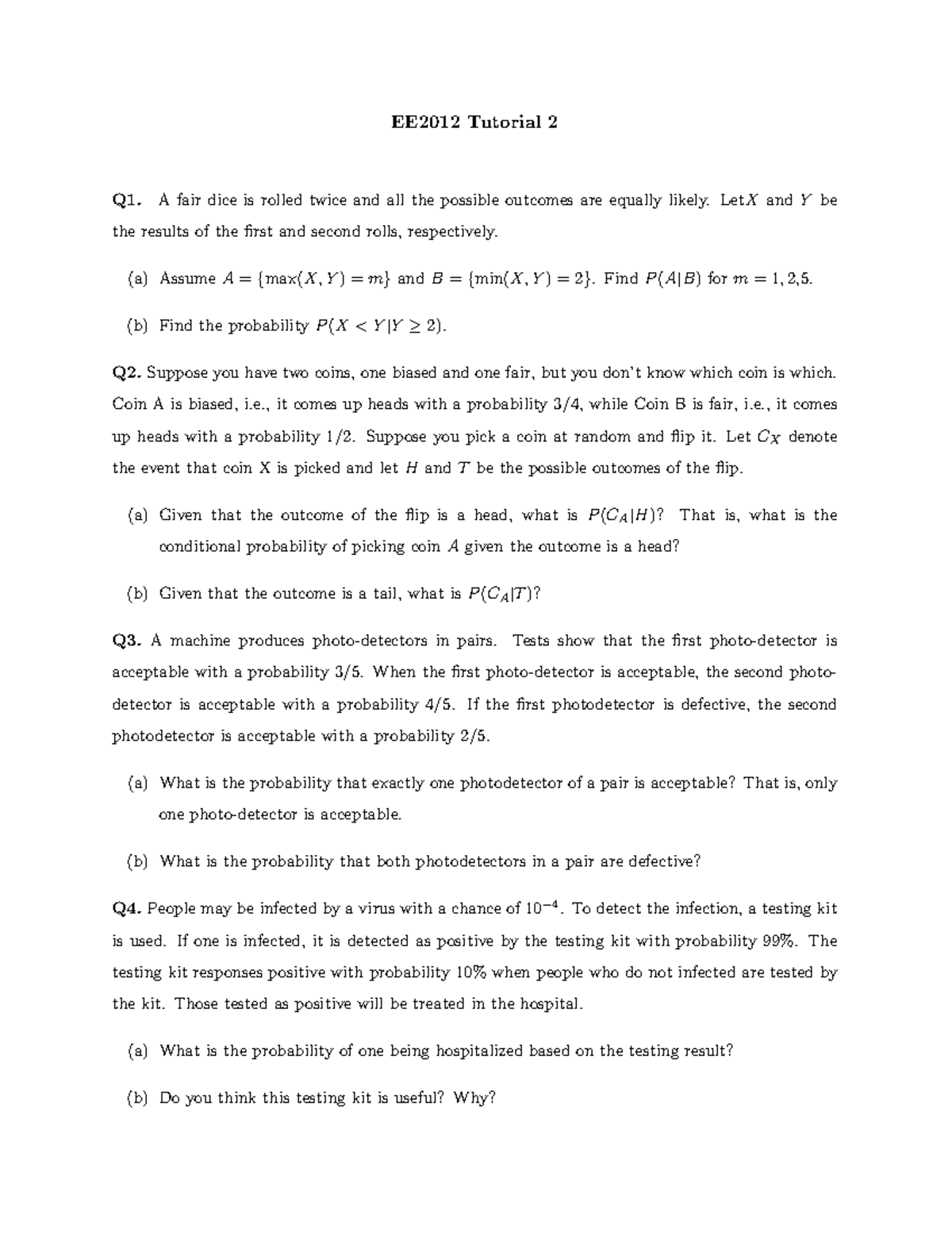 EE2012 Tutorial 2 - Probability and Statistics Problems - Studocu