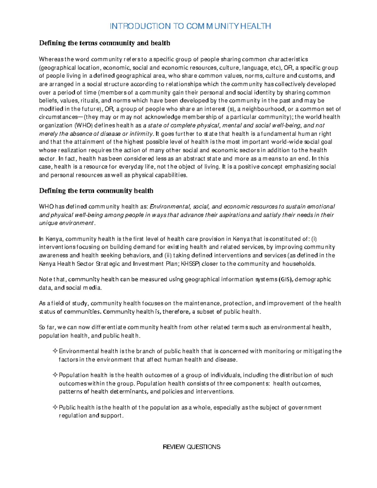Introduction to Community Health (CH101) Lecture Notes - Studocu