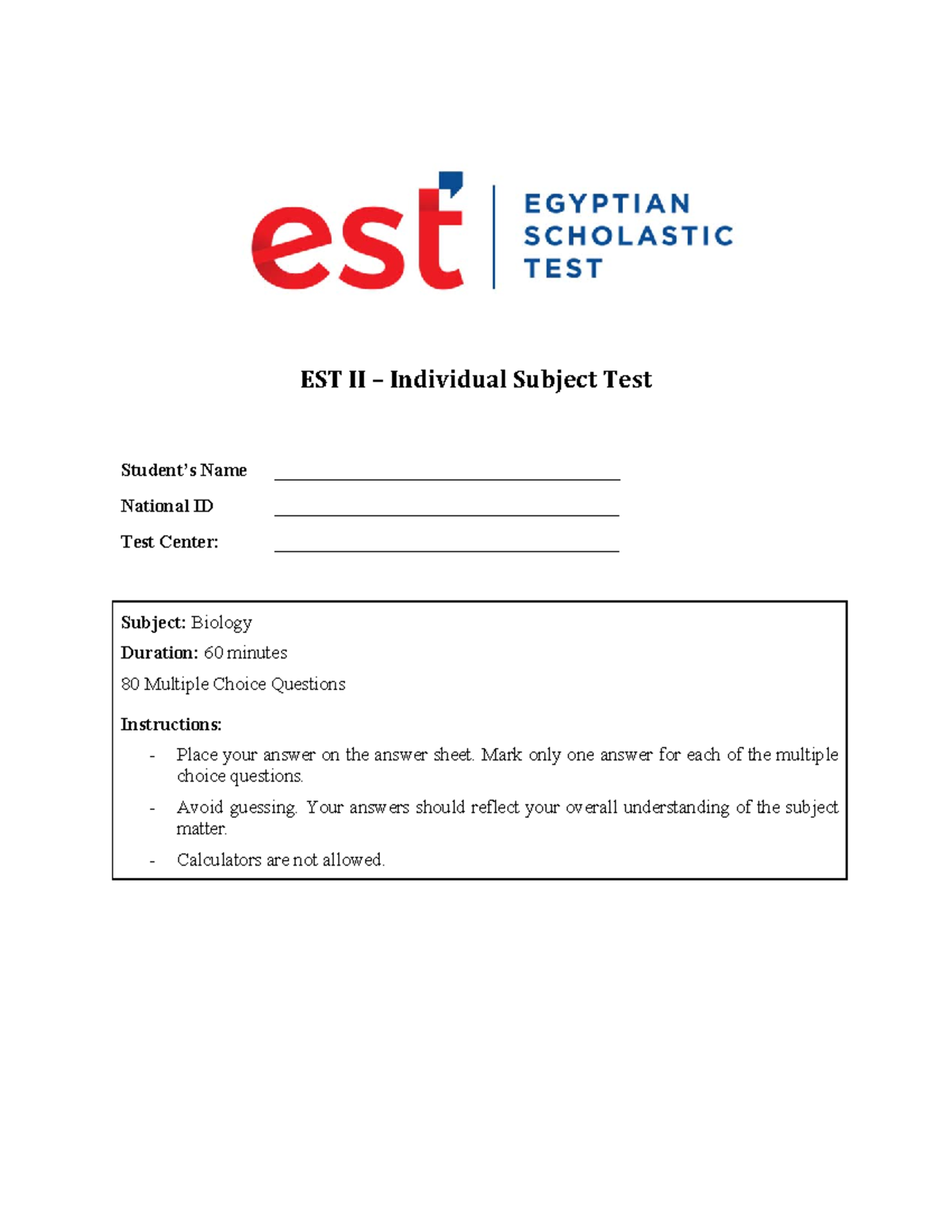 EST II - Biology - December 2020 - EST II ñ Individual Subject Test ...