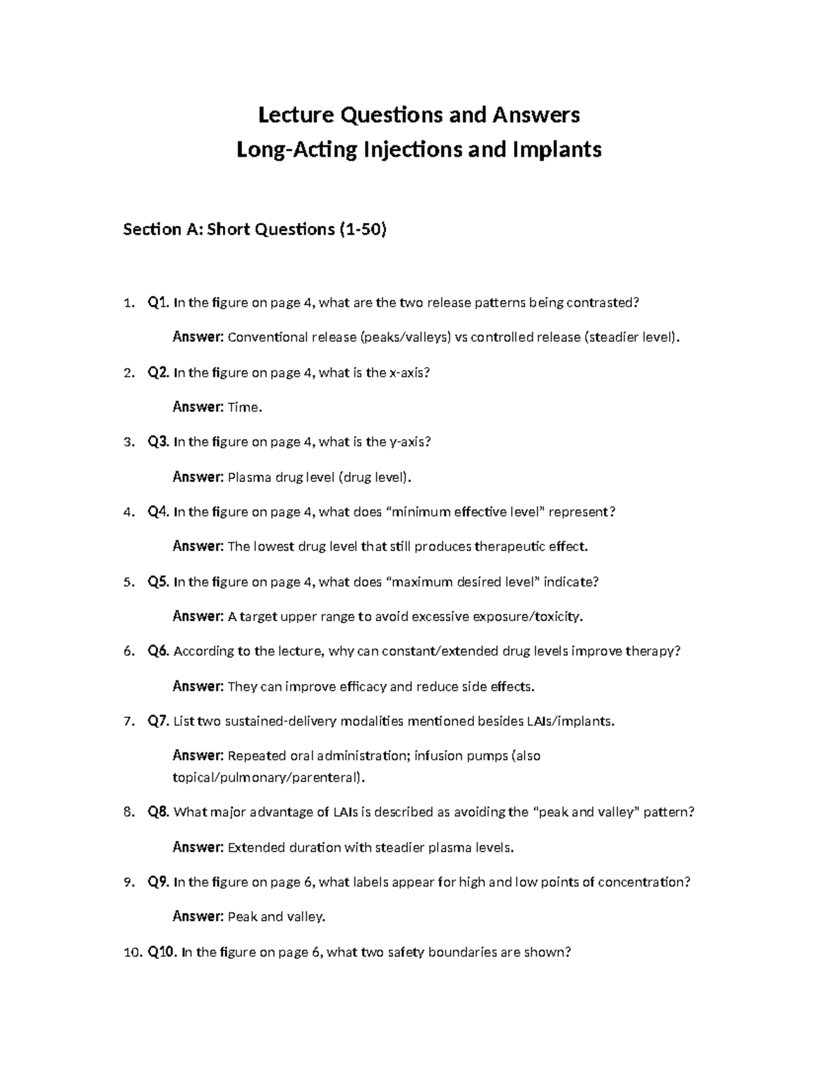 Long Acting Injections & Implants QA: Lecture Q&A Insights - Studocu