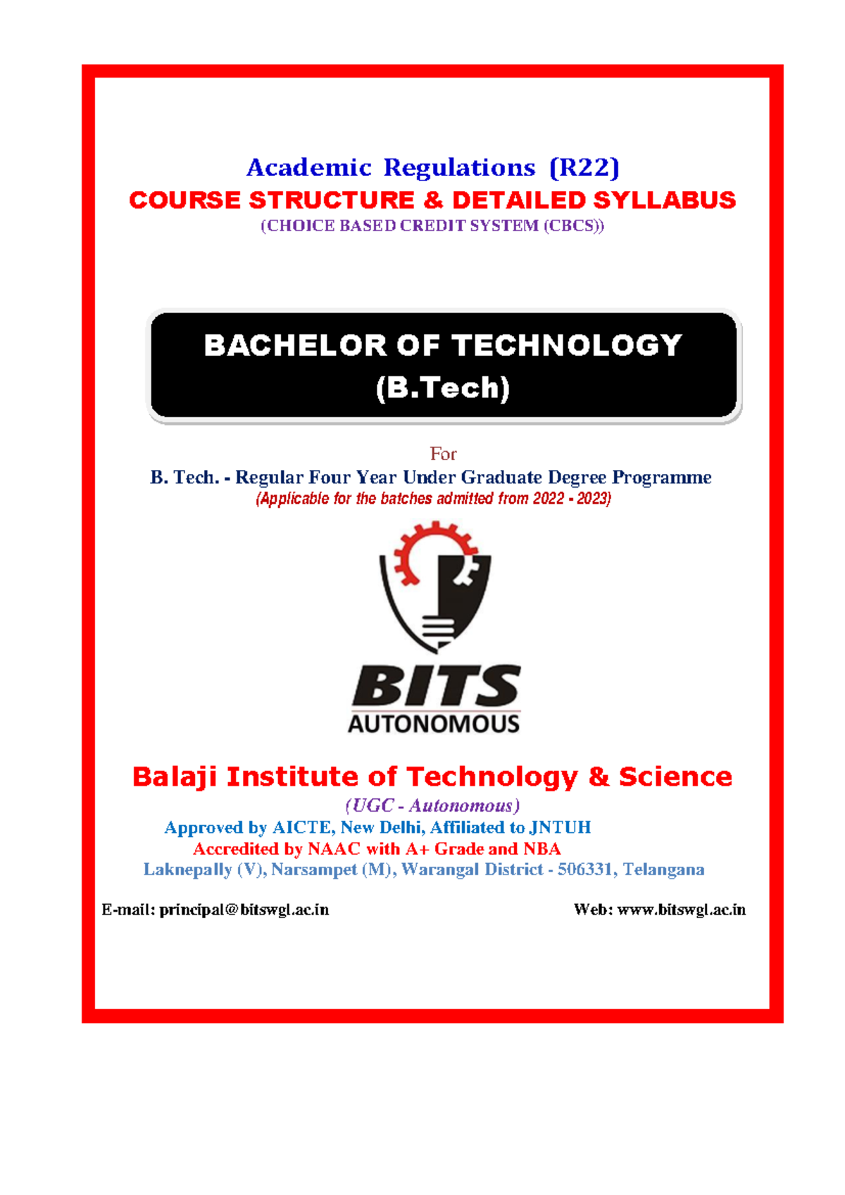 R22 B.Tech Academic Regulations & Course Structure Overview - Studocu
