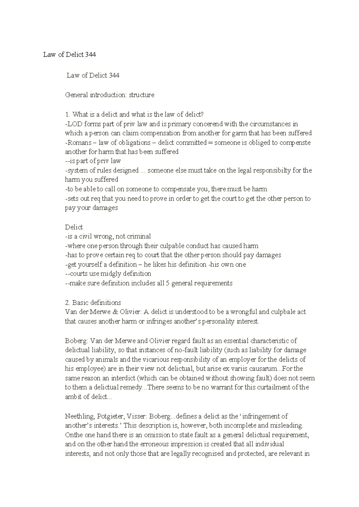 Law of Delict 344: Comprehensive Overview and Key Concepts - Studocu