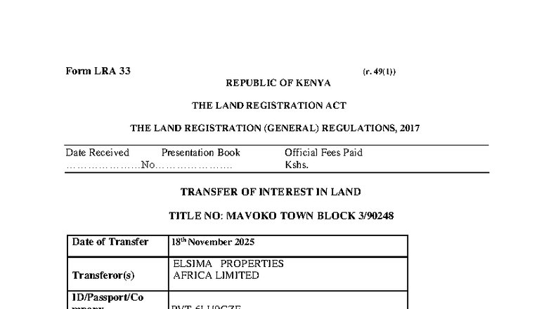Form LRA 33 Transfer of Interest in Land - Kenya Land Registration Act ...