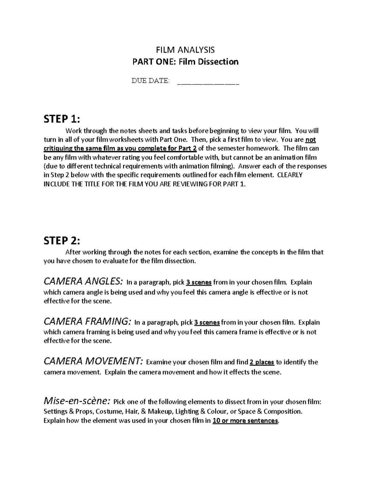 FILM 101: Film Analysis Part 1 - Dissection Homework Guide - Studocu
