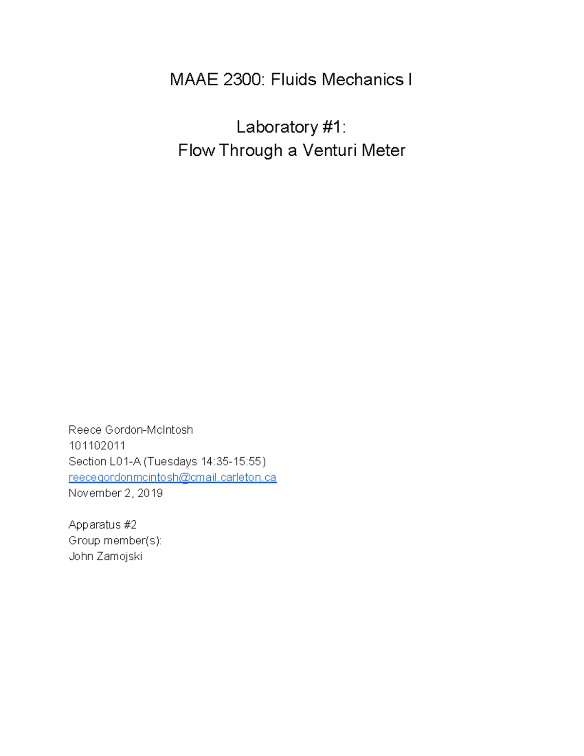 Full Venturi Experiment Analysis - MAAE 2300 Fluids Lab 1 Report - Studocu