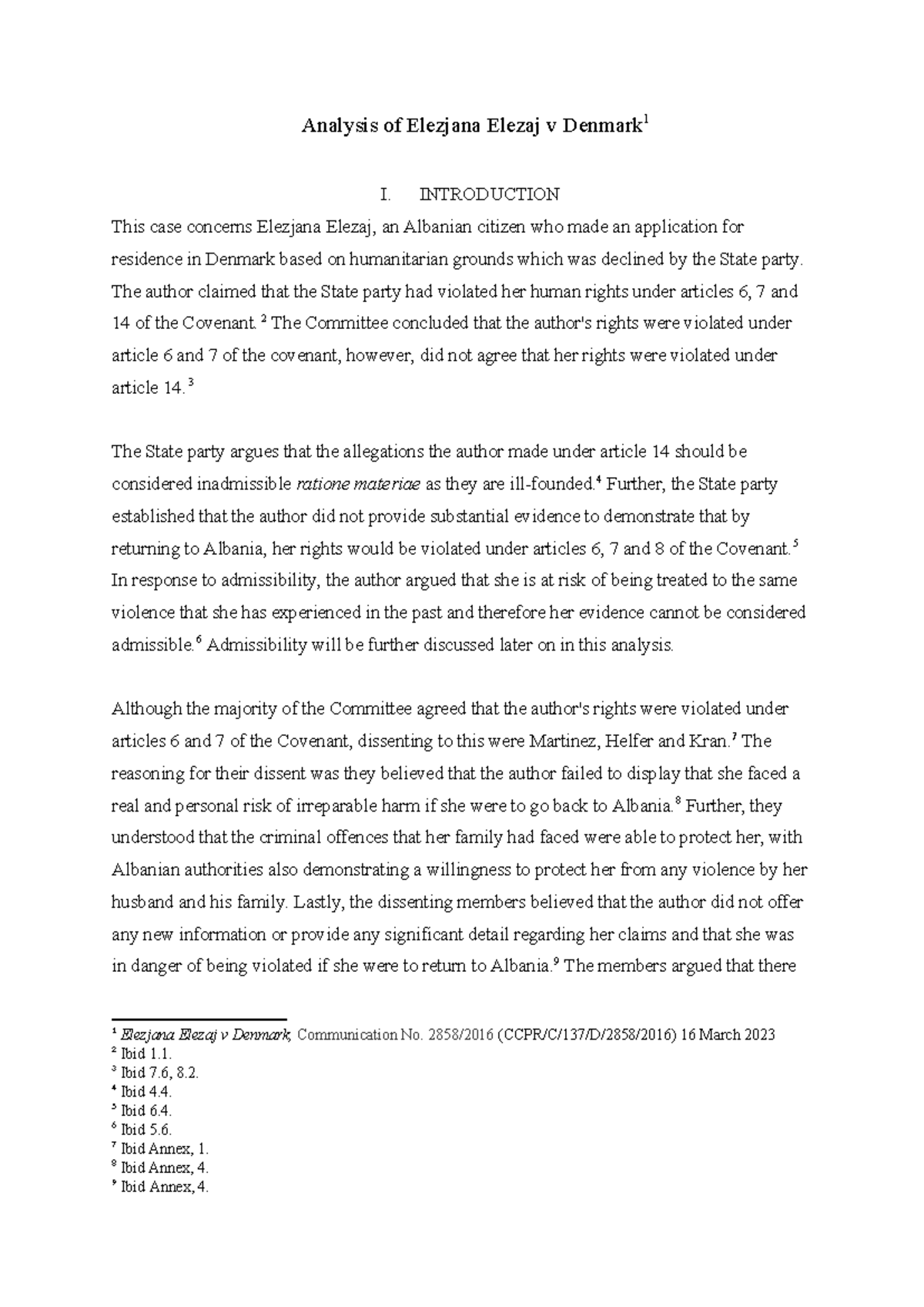 Human Rights Assignment - Analysis of Elezjana Elezaj v Denmark 1 I ...