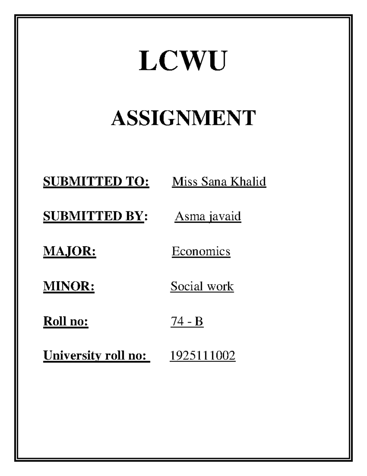 LCWU Social Work Assignment: Understanding Social Case Work Principles ...