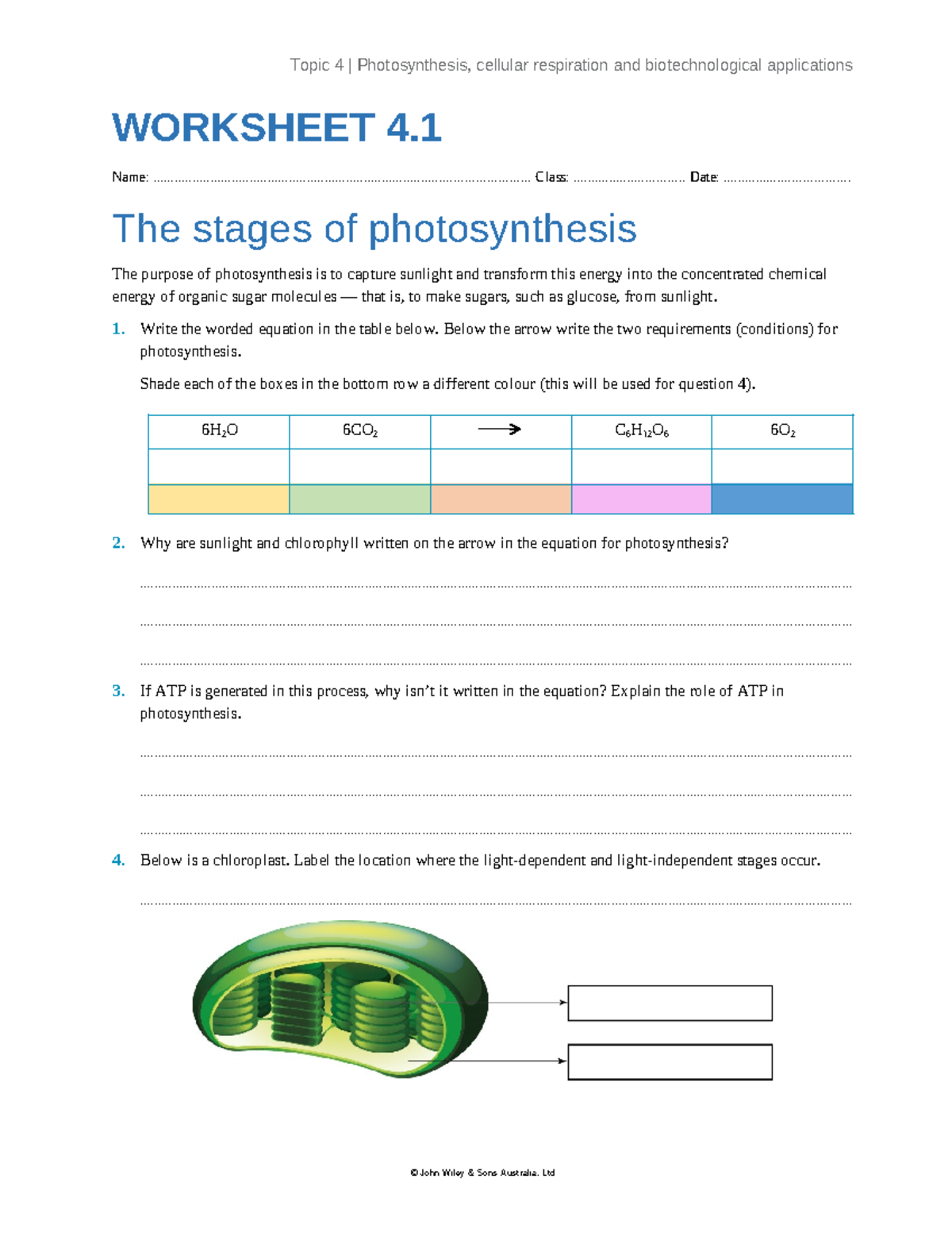 Topic 4: Photosynthesis & Cellular Respiration Worksheet 4.1 - Studocu
