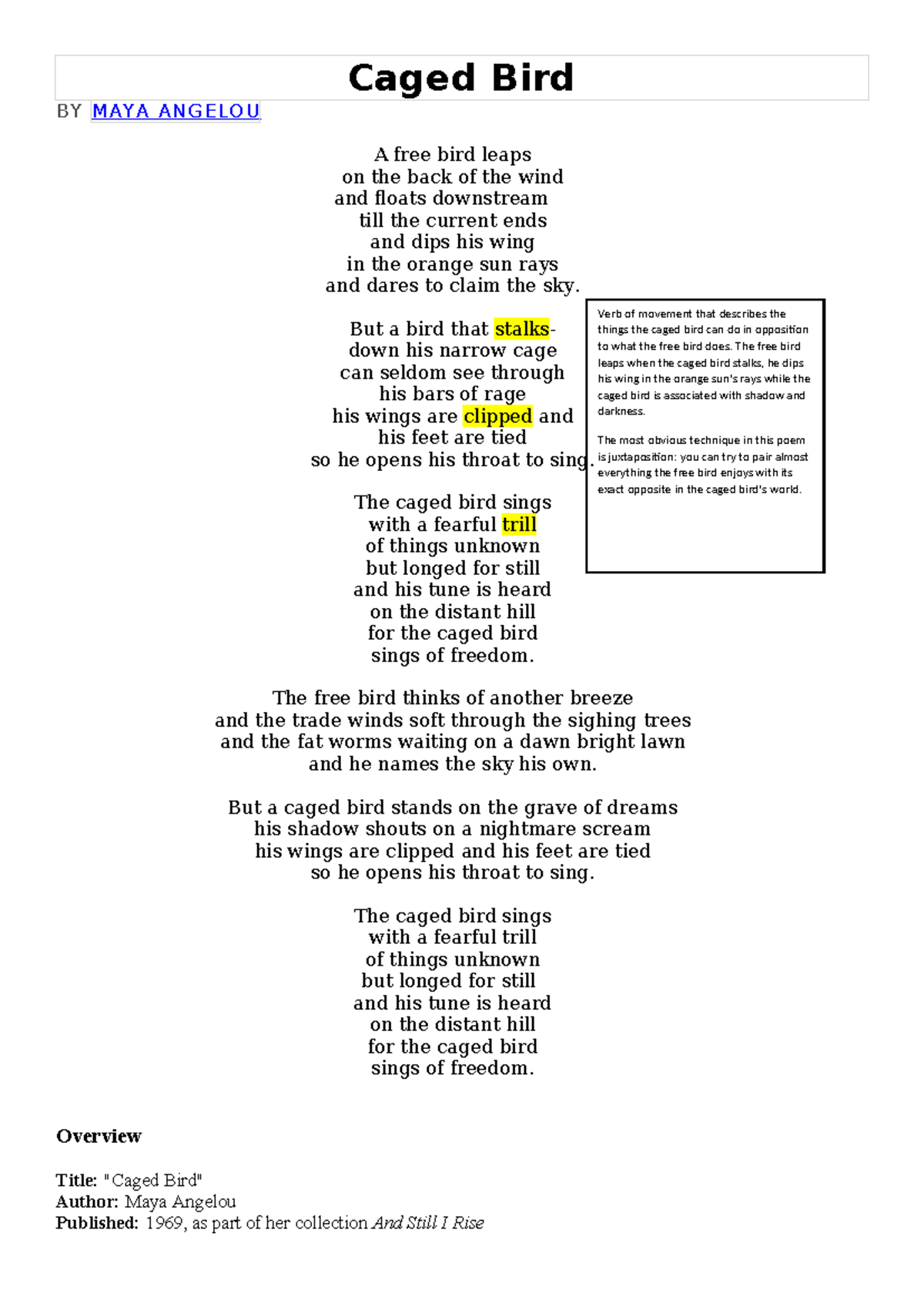 MAYA ANGELOU Caged Bird: Annotations on Freedom and Oppression - Studocu
