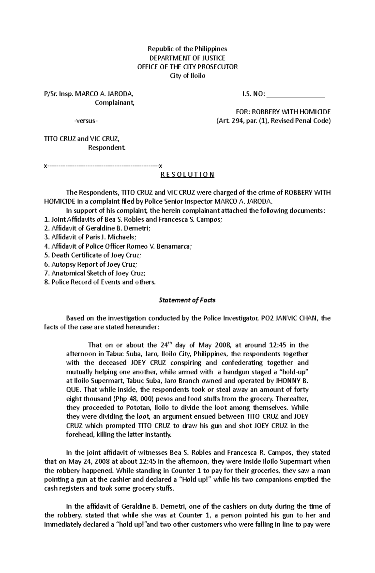 Resolution on Robbery with Homicide Case: Tito & Vic Cruz (19381672 ...