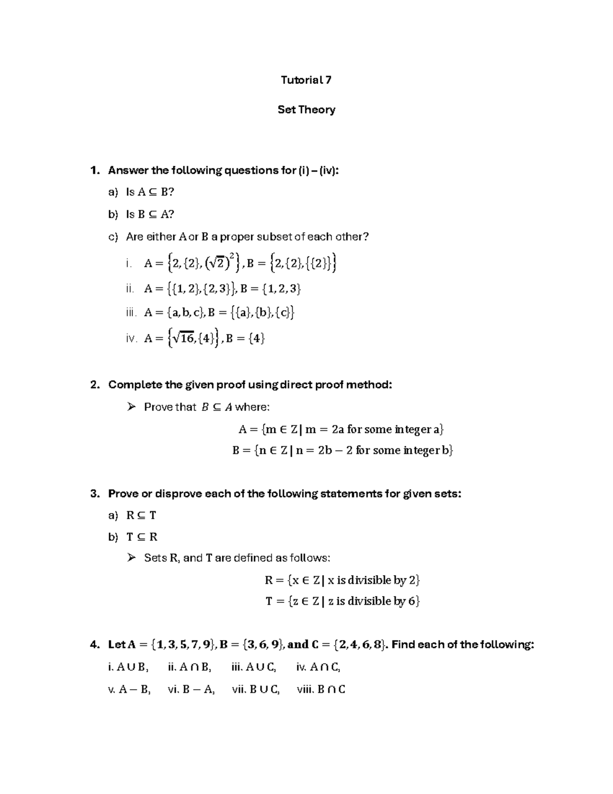 Tutorial 7 - Set Theory - Tutorial 7 Set Theory Answer the following ...