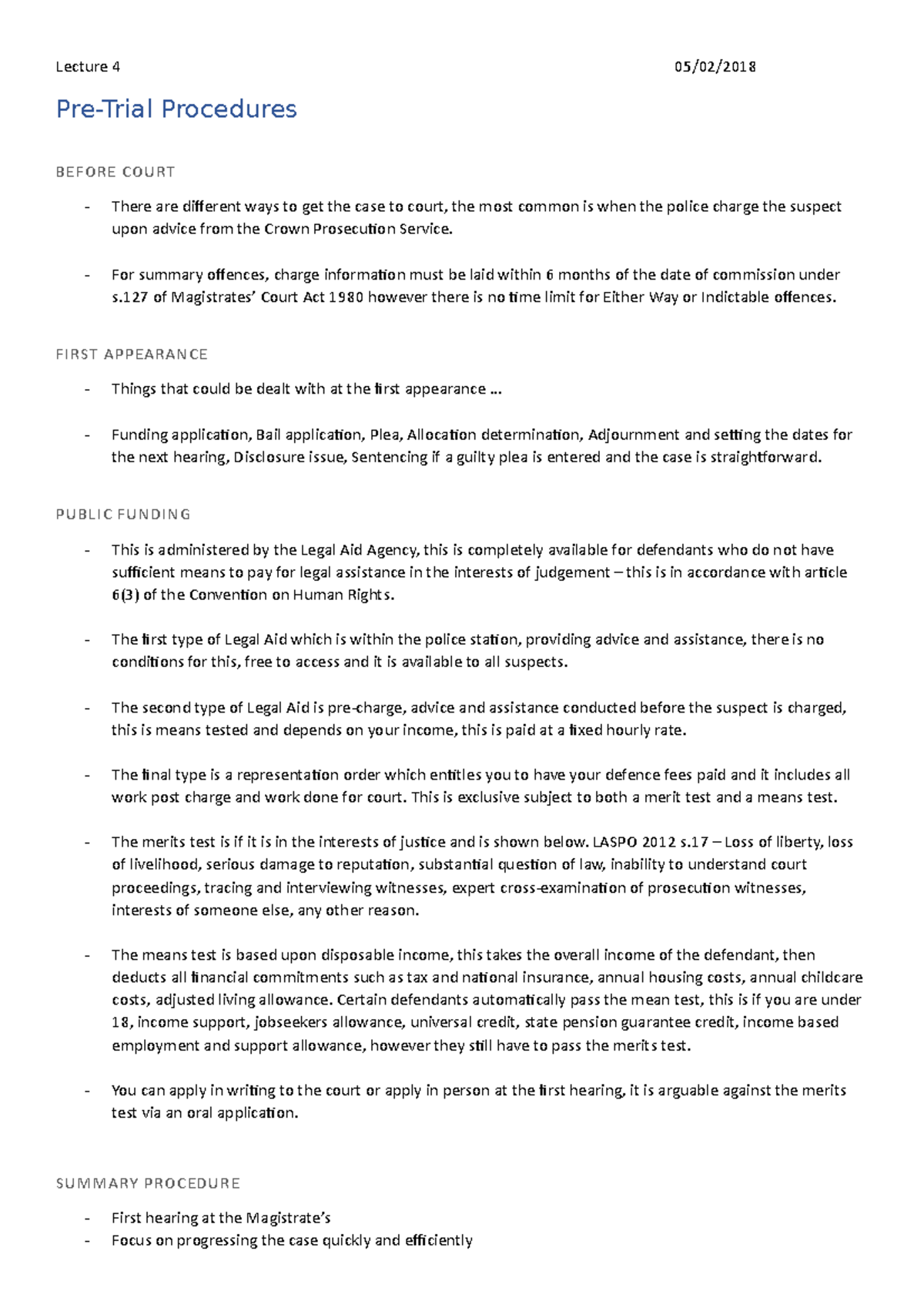 Lecture 4: Overview of Pre-Trial Procedures in Court - Studocu