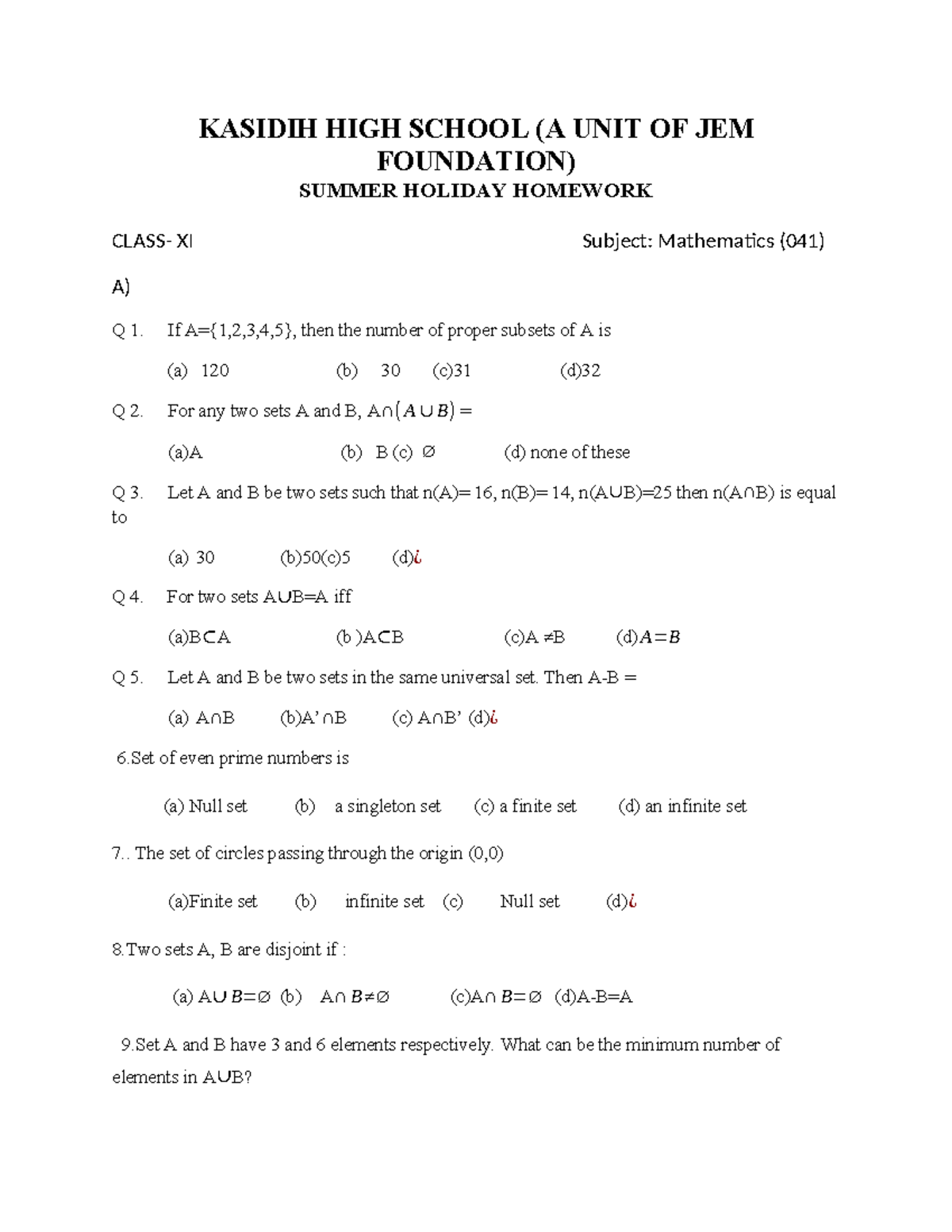 Class 11 Math (041) Summer Holiday Homework - Studocu