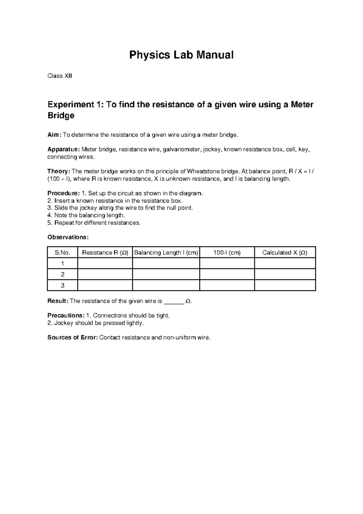 Physics Lab Manual Class XII: Experiment 1 - Meter Bridge Resistance ...