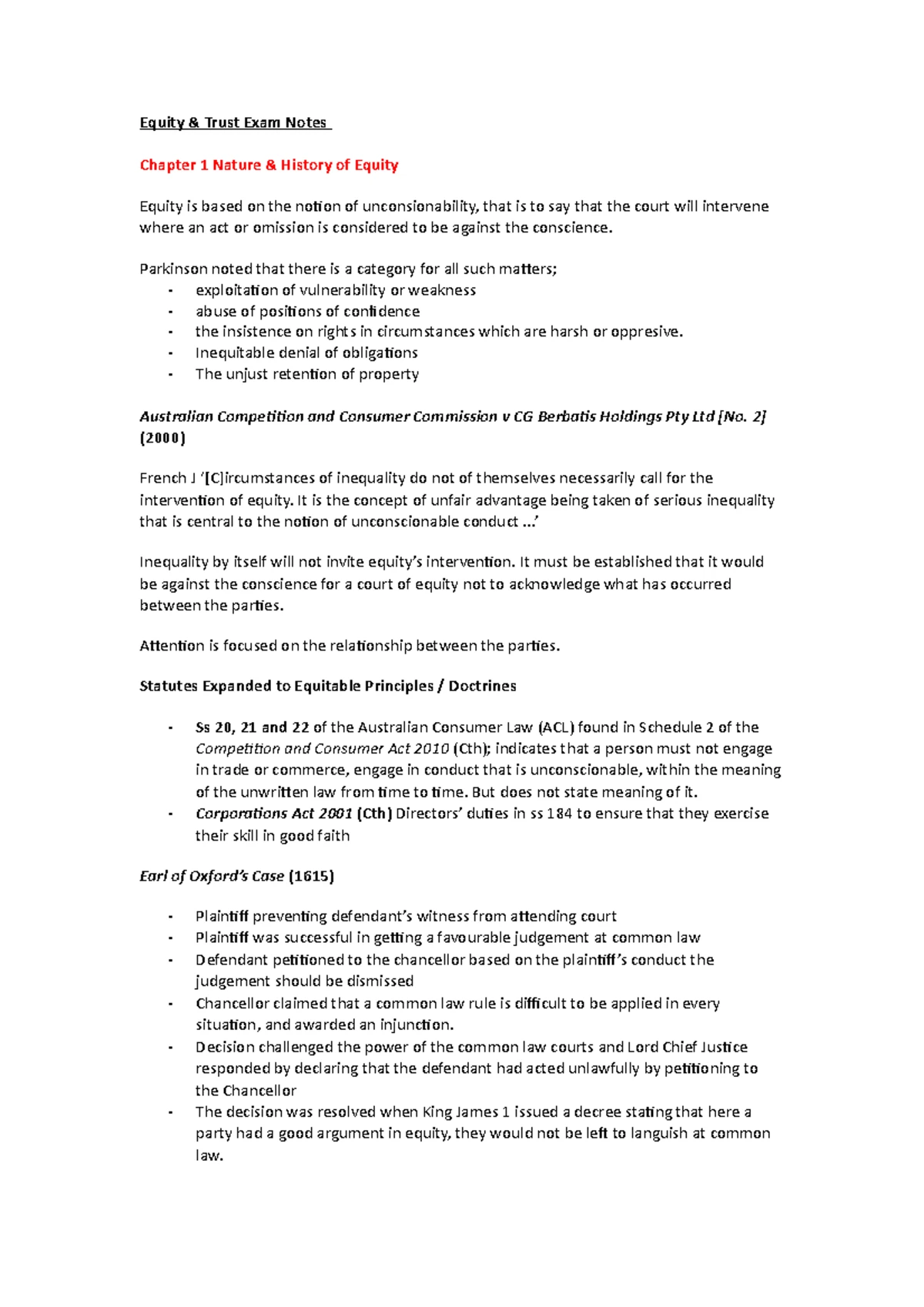 Equity & Trusts I Revision Notes - Equity & Trusts Notes Equity - The ...