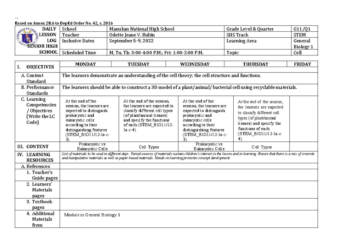SHS General Biology 1 Daily Lesson Log - Quarter 1, Week 3 - Studocu