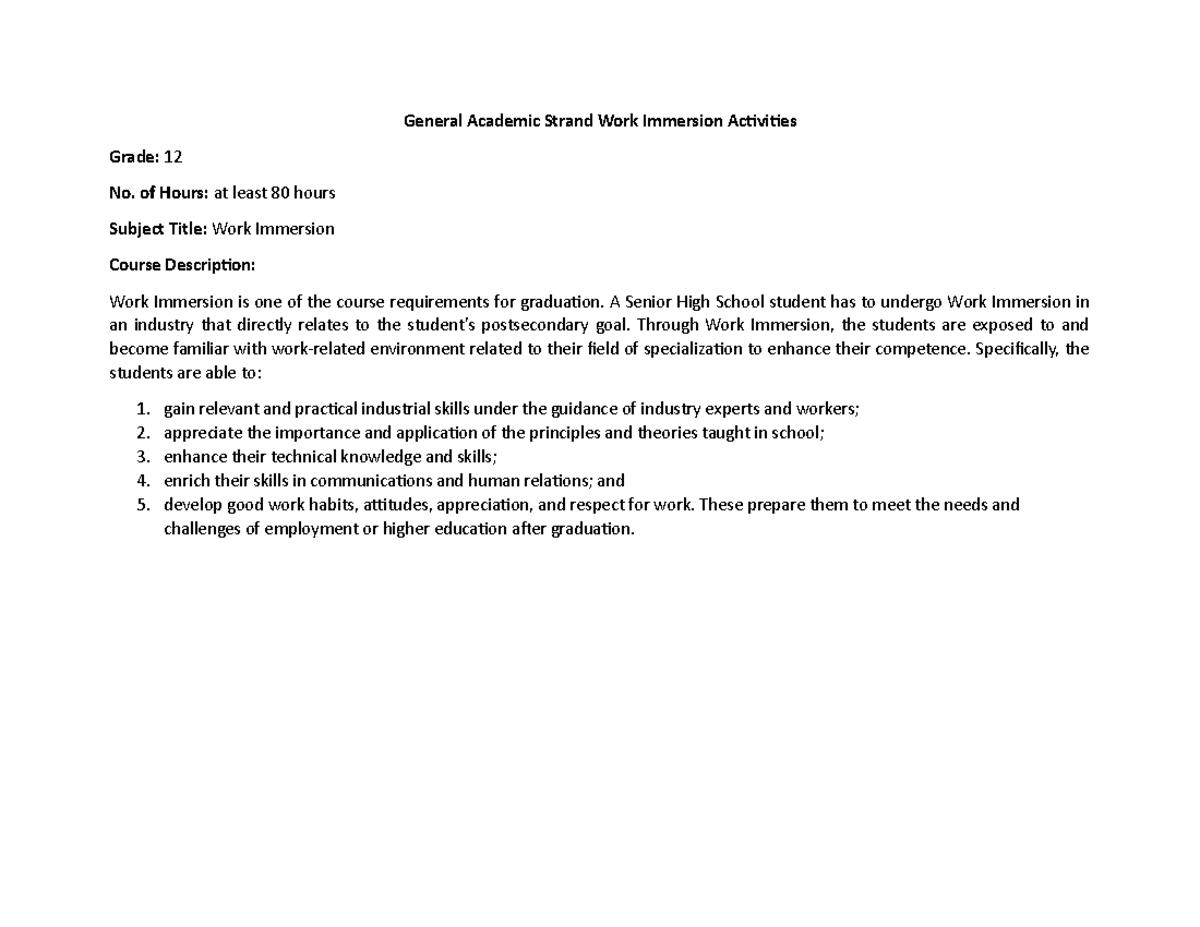 GAS 12 Work Immersion Activity Plan and Schedule Overview - Studocu