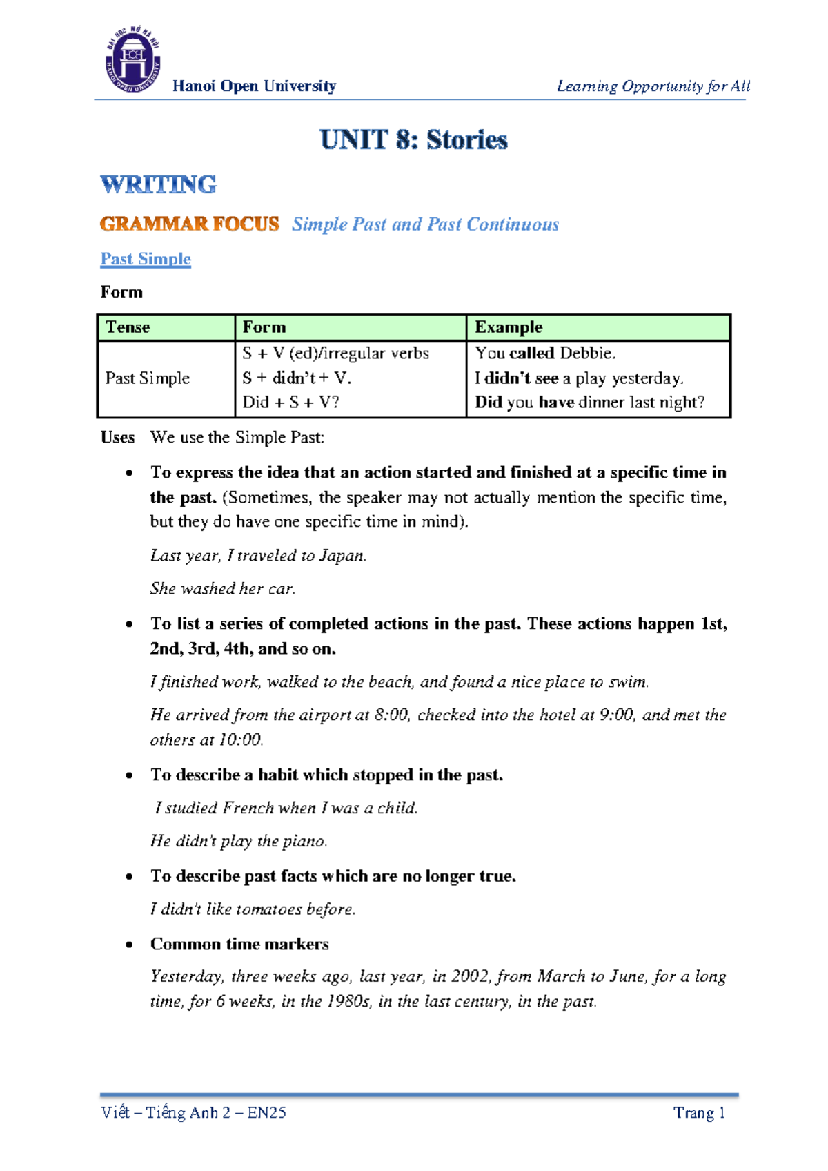 Hanoi Open University EN25 Unit 8: Writing Stories and Tenses Guide ...