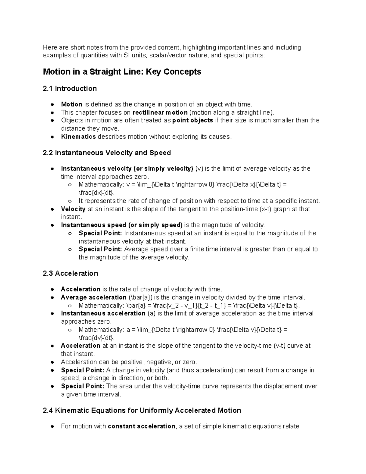 Motion in a Straight Line: Key Concepts and SI Units Notes (PHYS 101 ...