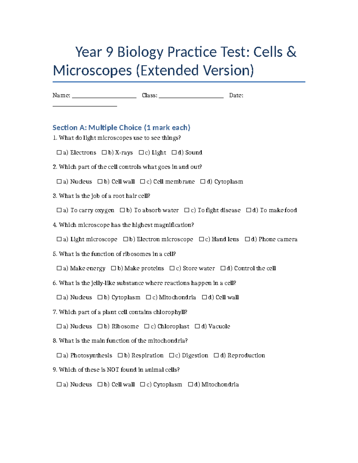 Year 9 Biology Practice Test: Cells & Microscopes (Extended) - Studocu