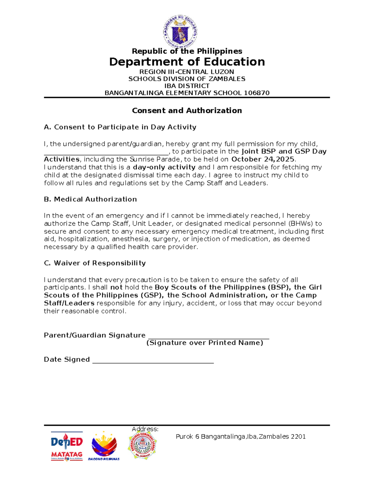Joint BSP GSP Day Activity Consent & Authorization Form - Studocu
