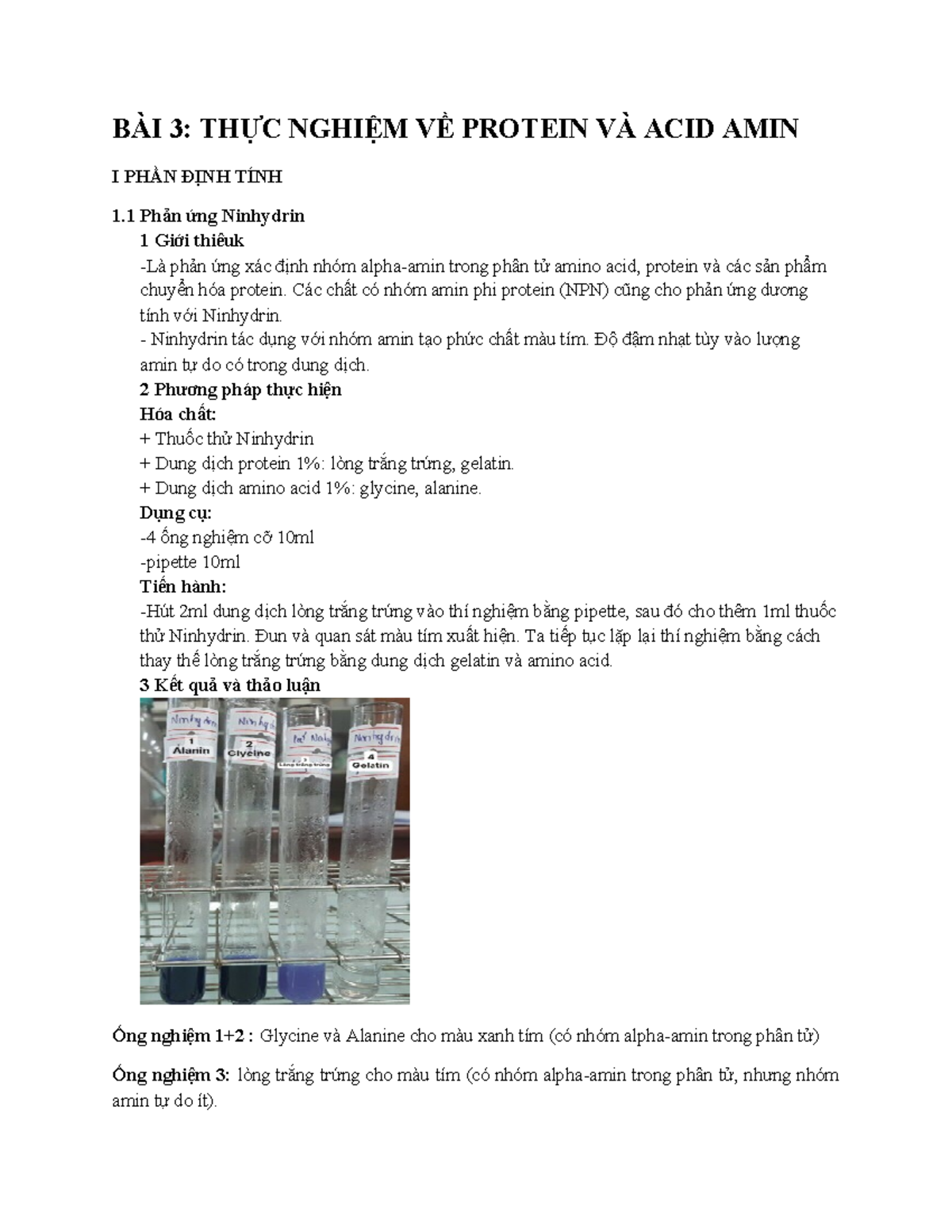 BÀI 3: Thực Nghiệm Phản Ứng Ninhydrin Đối Với Protein & Amino Acid - Studocu