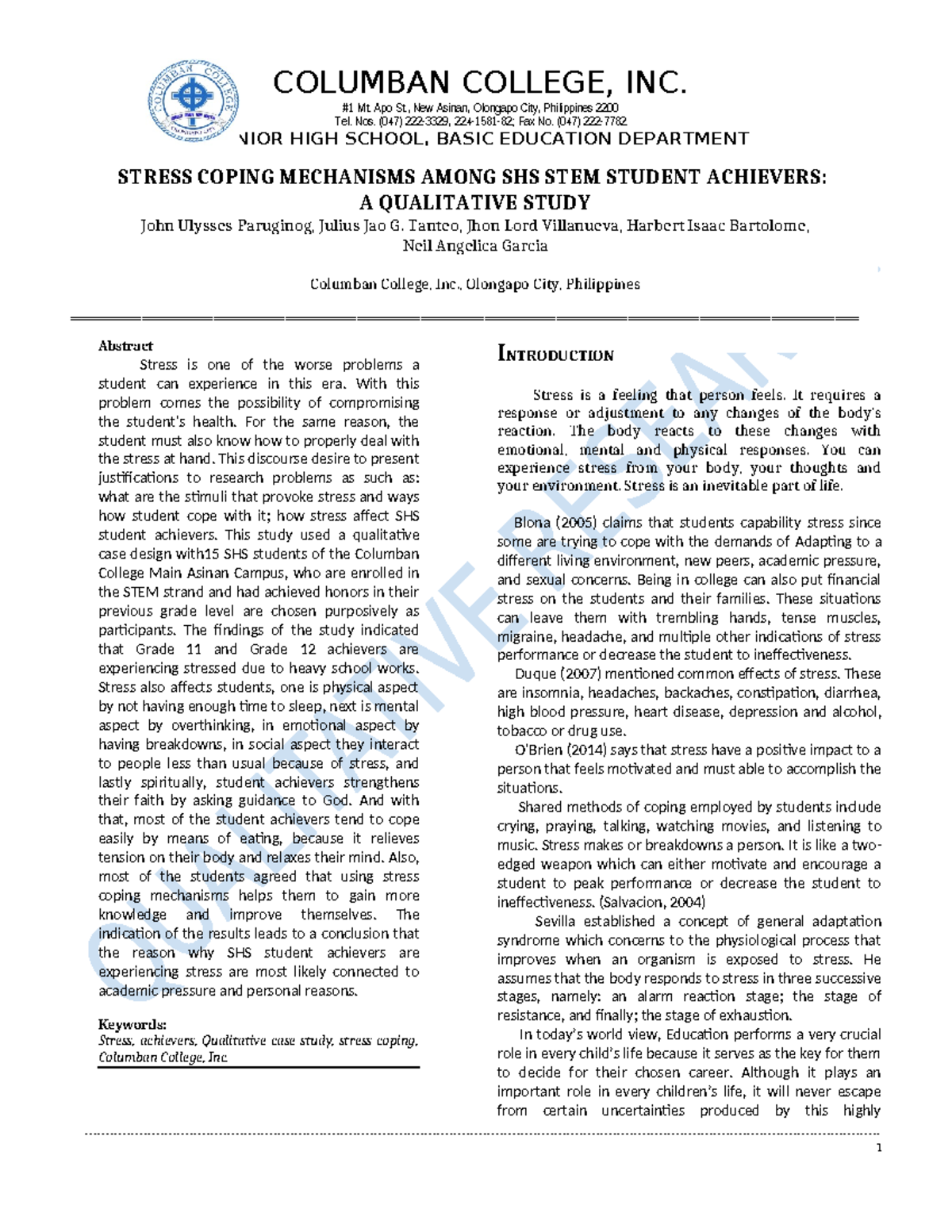 Coping Strategies for Academic Stress Among SHS STEM Students - Studocu