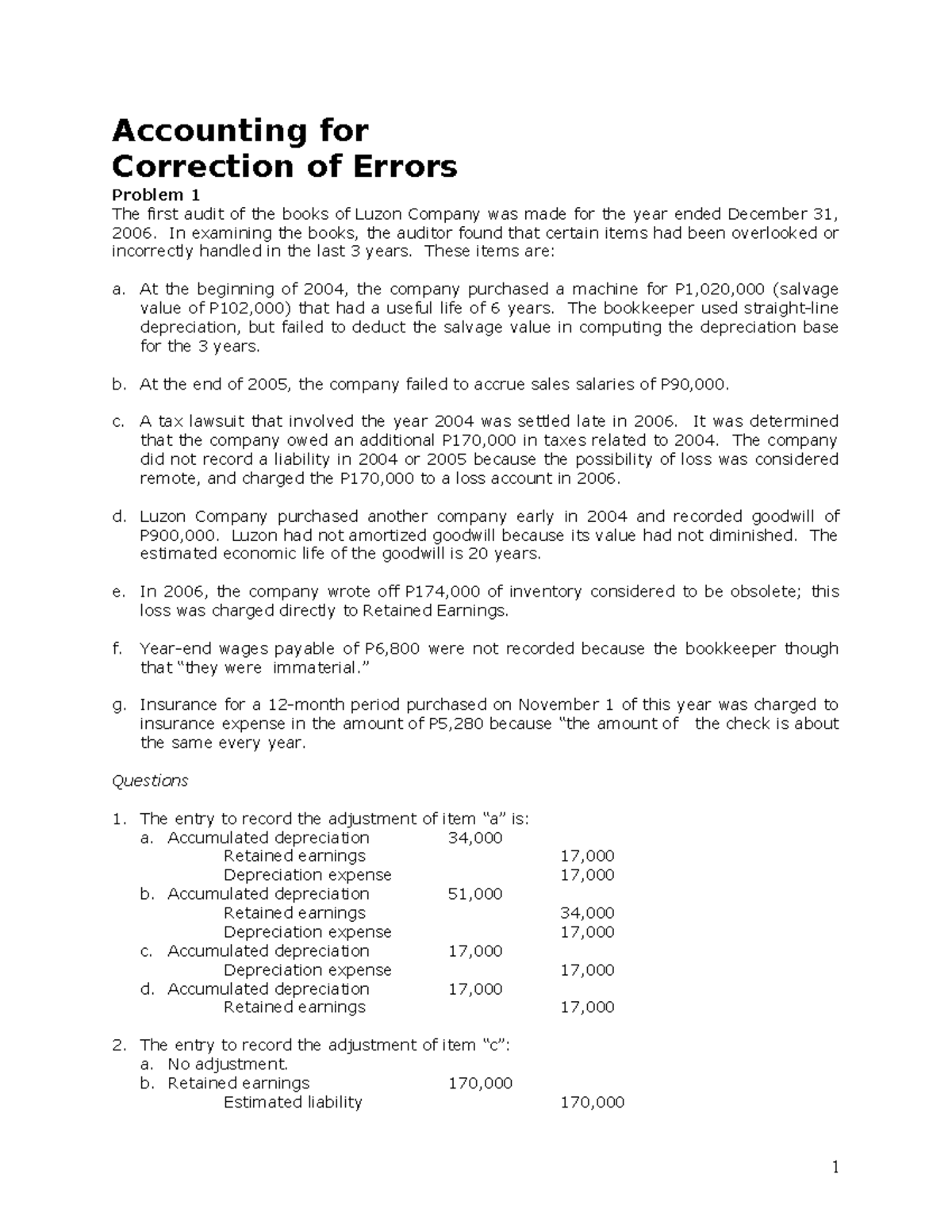 Error Correction Answer key - Accounting for Correction of Errors ...