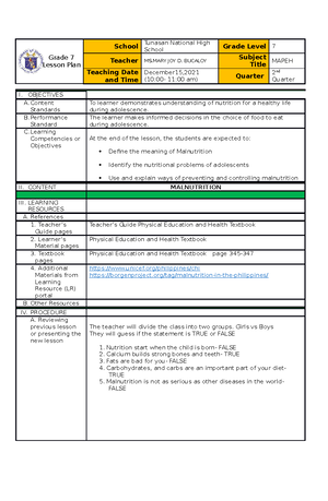 Eating Disorder - Grade 7 Lesson Plan School MNHS-TA Grade Level 7 ...