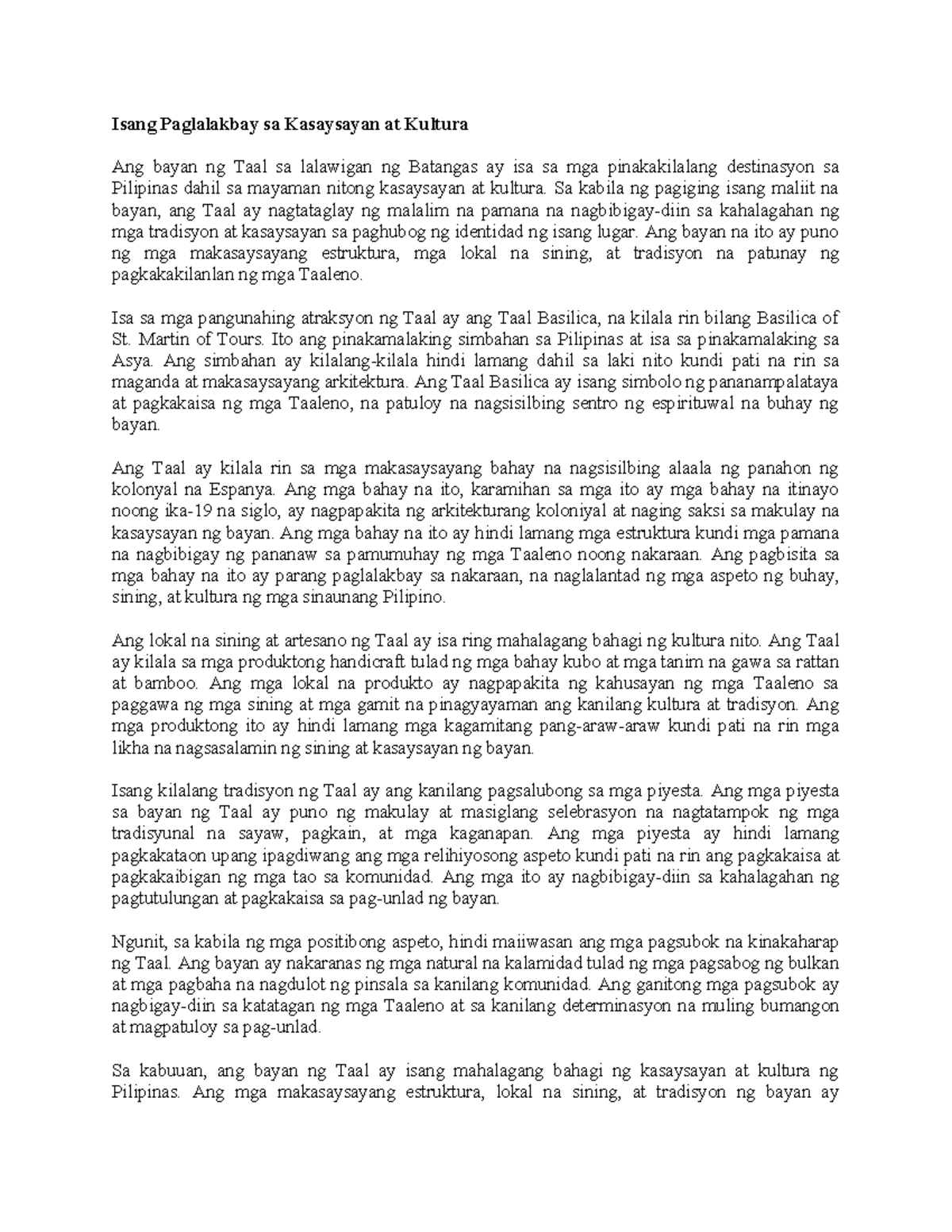 Kasaysayan at Kultura ng Taal: Isang Pagsusuri ng Tradisyon at Pamana ...