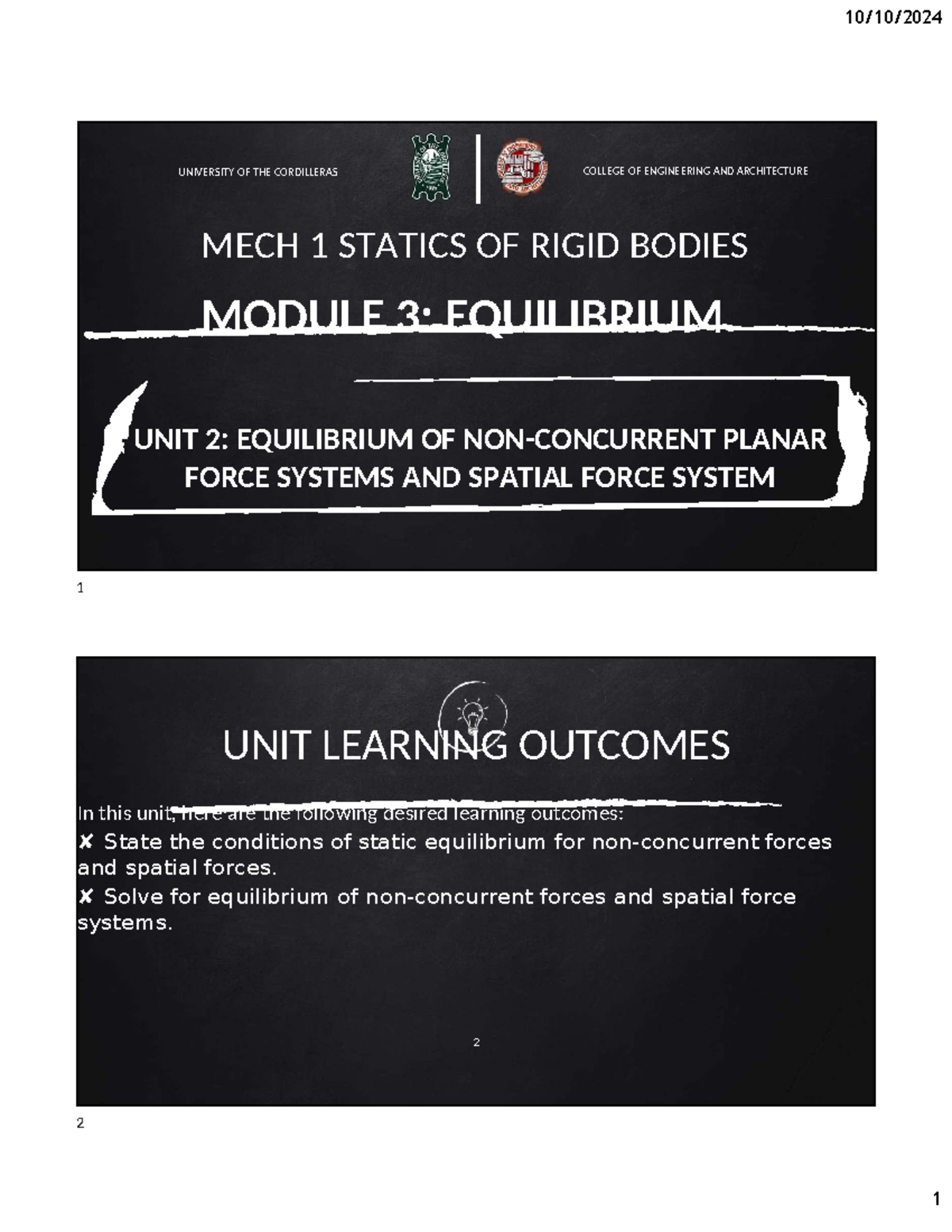 MECH 1 Module 3 Unit 2: Equilibrium of Non-Concurrent Force Systems - Studocu