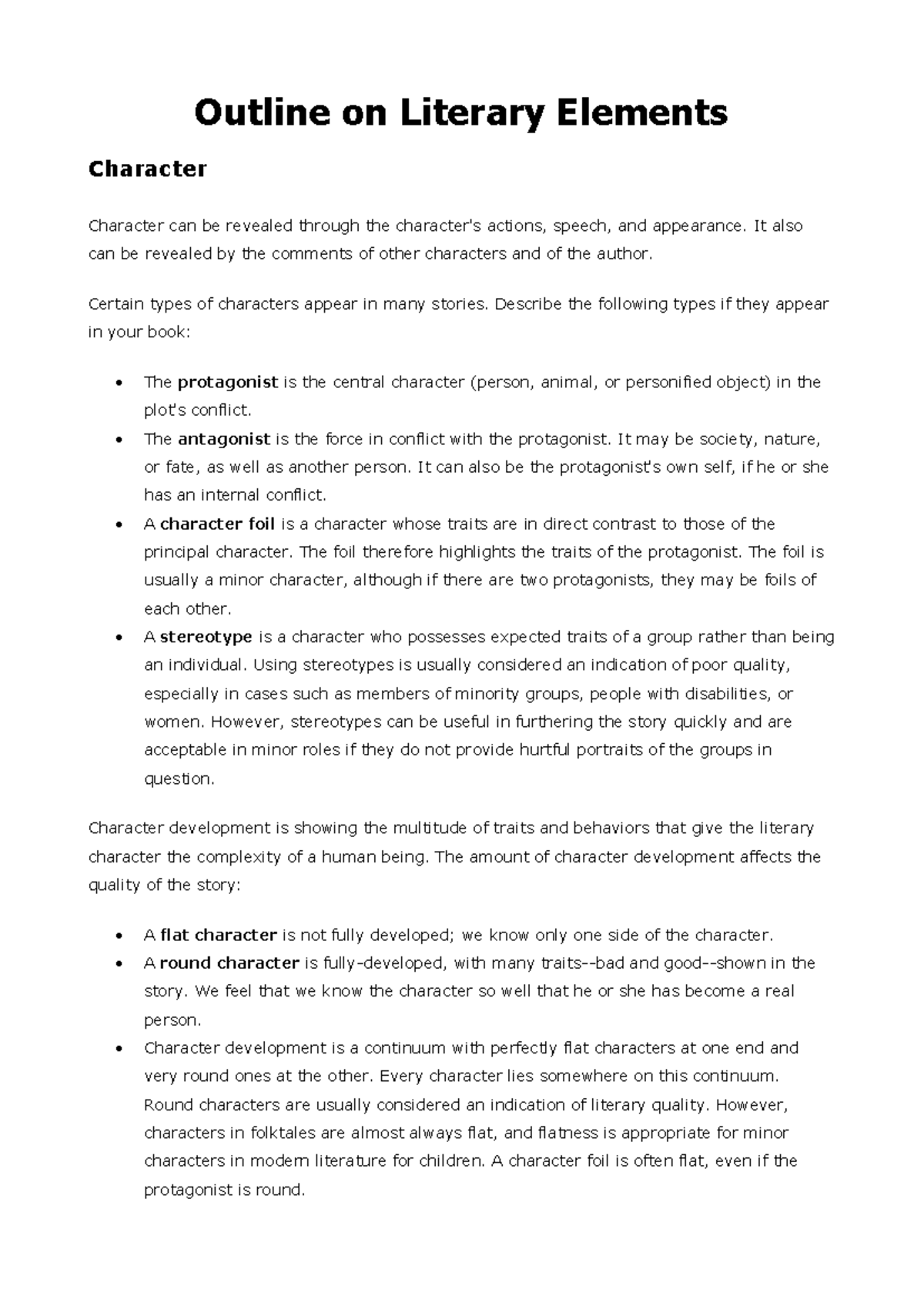 Outline on Literary Elements: Character Analysis for Literary Study ...