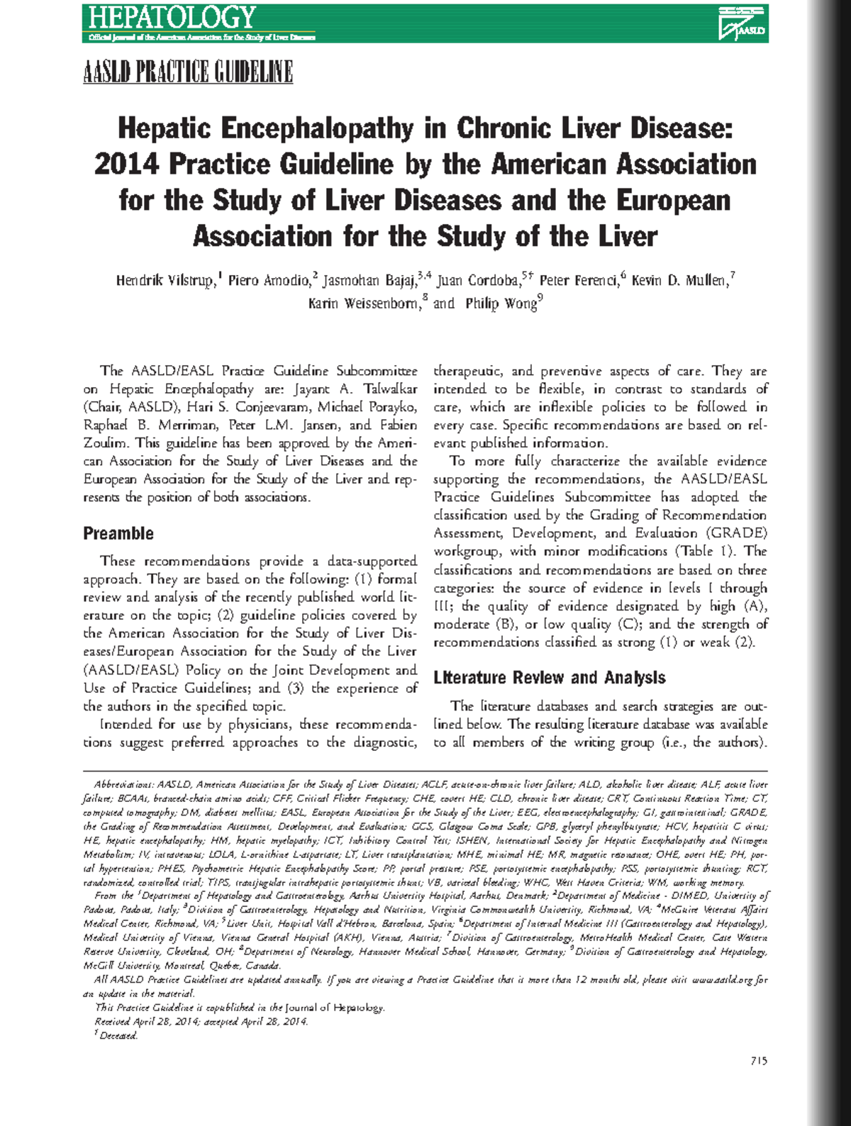 AASLD/EASL 2014 Practice Guidelines on Hepatic Encephalopathy ...