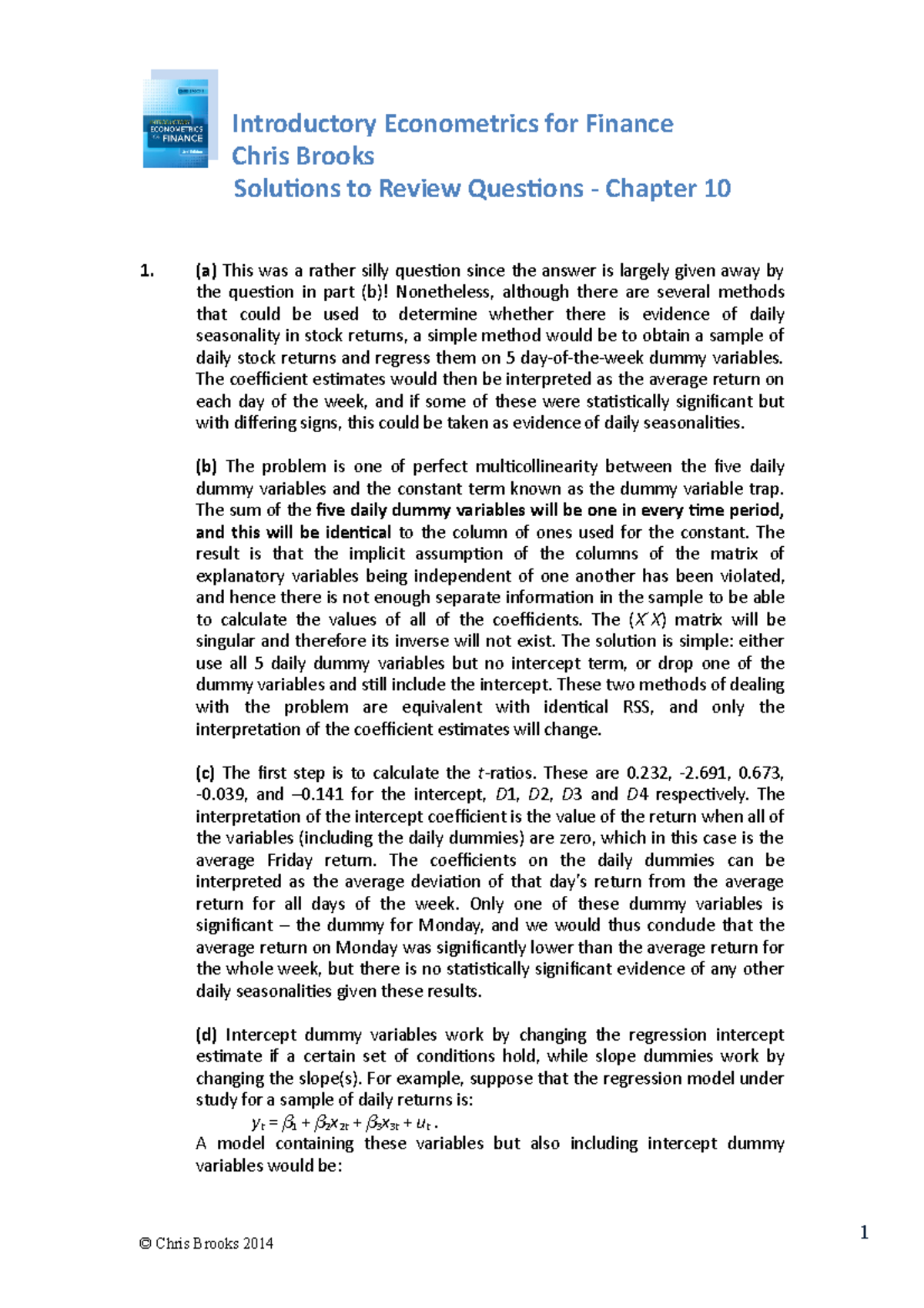 Chapter 10 solutions - ans - 1 Introductory Econometrics for Finance ...