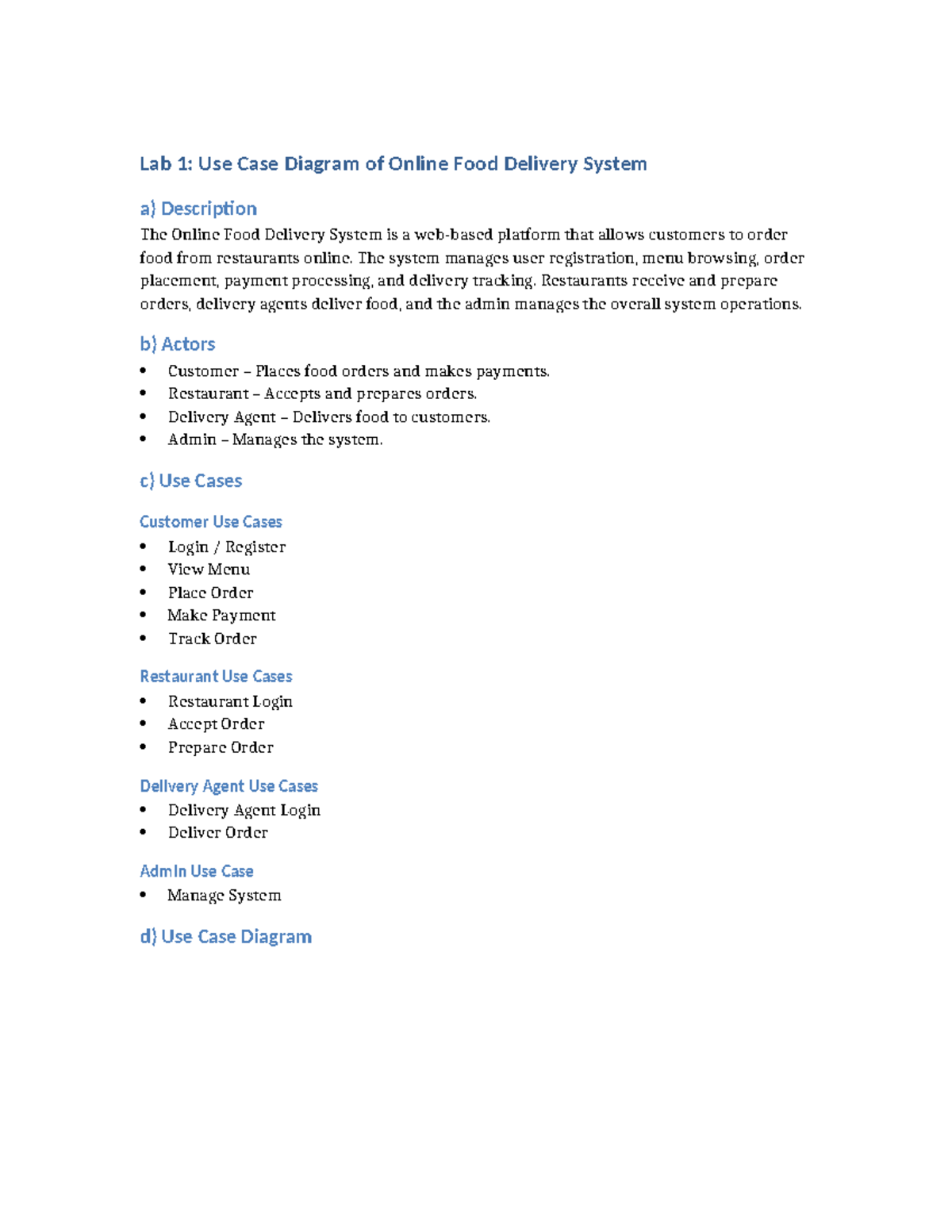 Lab 1: Use Case Diagram for Online Food Delivery System - Studocu
