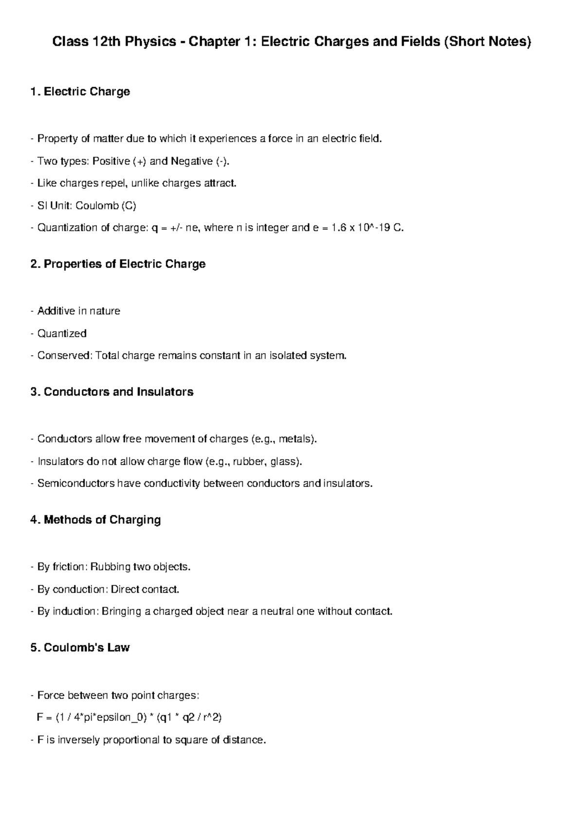 Class 12 Physics Chapter 1: Electric Charges & Fields Short Notes - Studocu