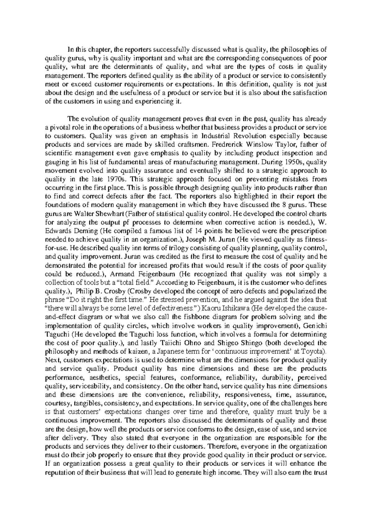 Chapter 9 - Quality Management I: Understanding Quality and Its Gurus ...