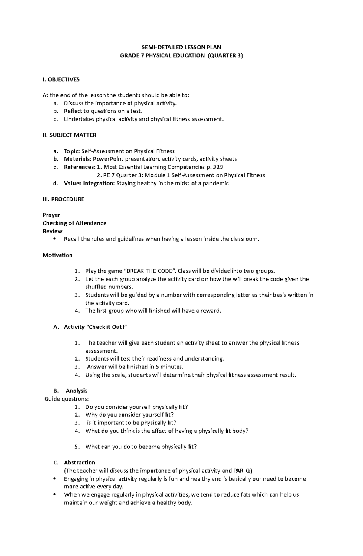 SEMI- Detailed LP - SEMI-DETAILED LESSON PLAN GRADE 7 PHYSICAL ...