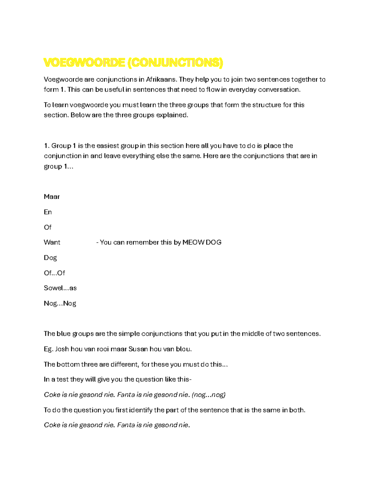 Voegwoorde: Conjunctions for Grade 8 & 9 Afrikaans Students - Studocu