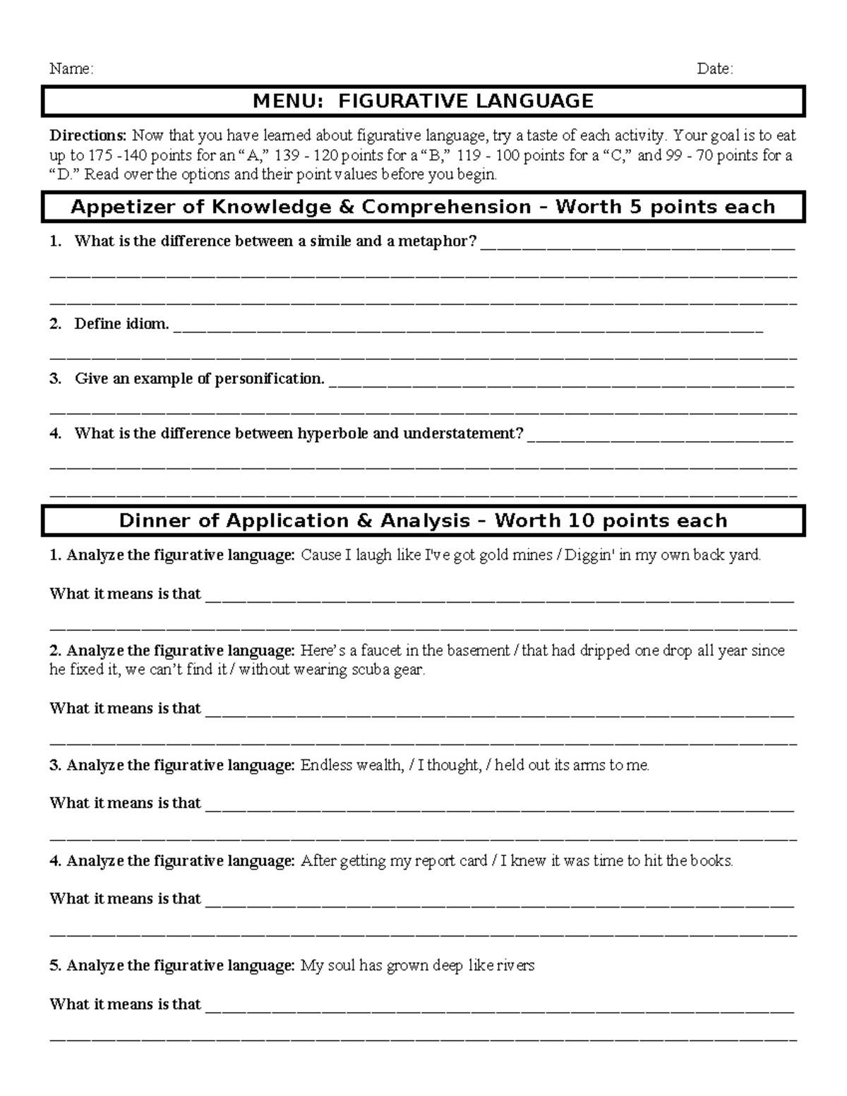 Figurative Language Menu: Activities & Evaluations Guide - Studocu