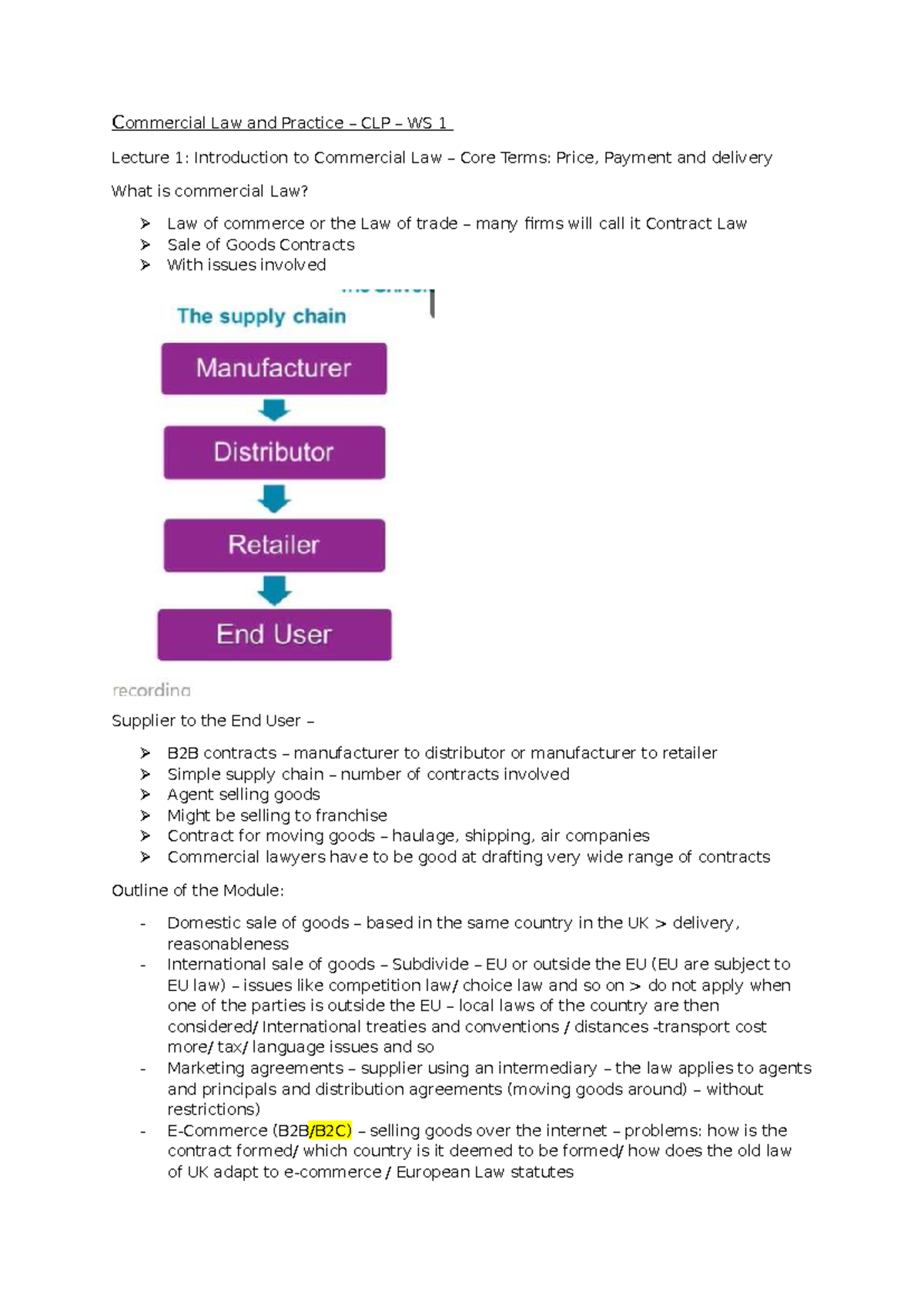 Commercial Law and Practice CLP WS 1 Lecture 1: Intro to Core Terms ...