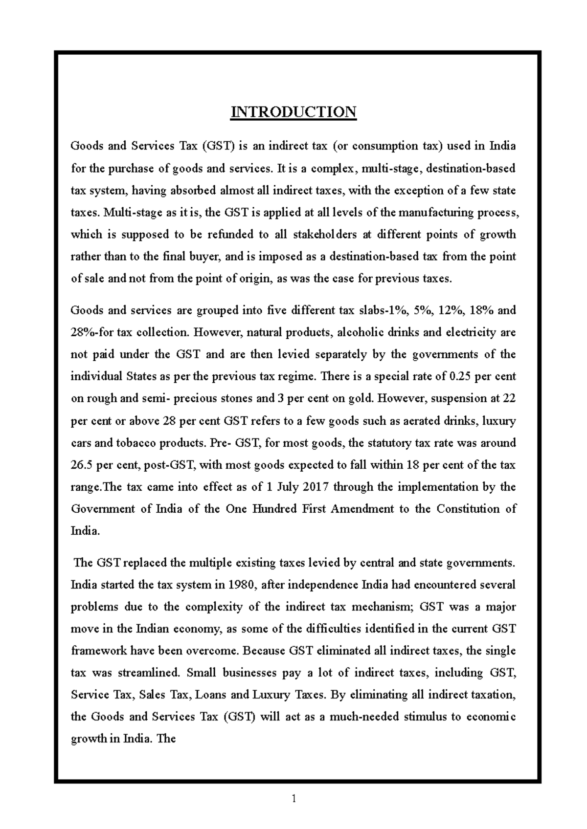 Project abstract on gst awareness - INTRODUCTION Goods and Services Tax ...