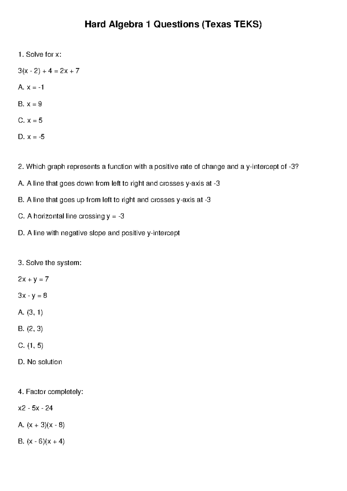 Hard Algebra 1 TEKS Questions - Practice Problems - Studocu