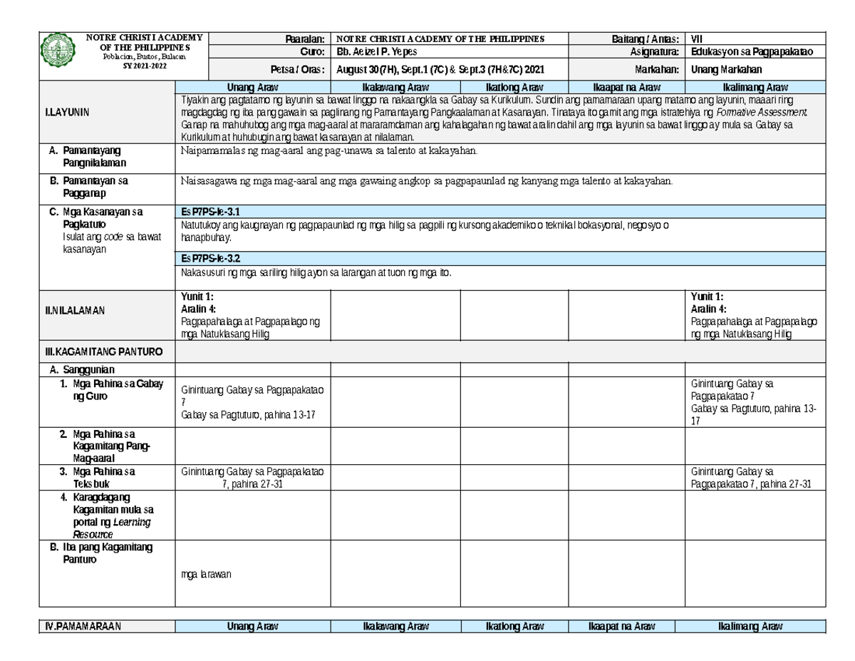 DLL ESP 7 WEEK 5 - Daily Lesson Log for August 30 to September 3, 2021 ...