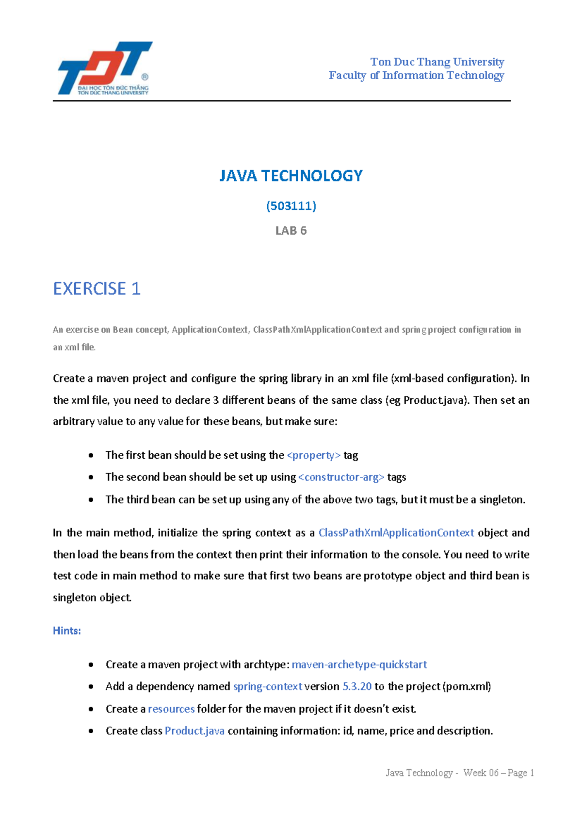 JAVA TECHNOLOGY LAB 6: Spring Bean Configuration & Dependency Injection - Studocu